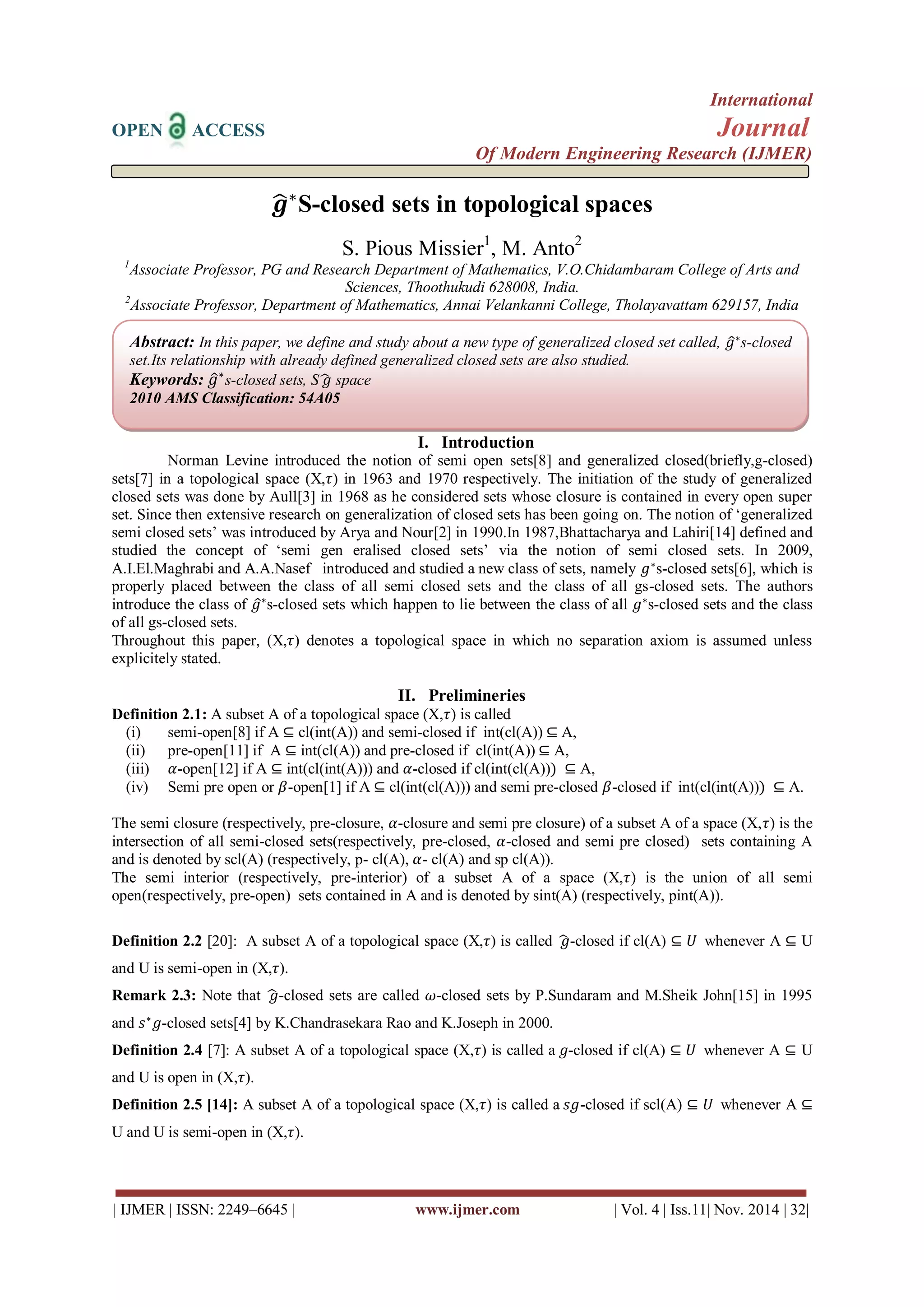 𝒈 ∗S-closed sets in topological spaces | PDF
