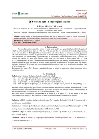 𝒈 ∗S-closed sets in topological spaces | PDF