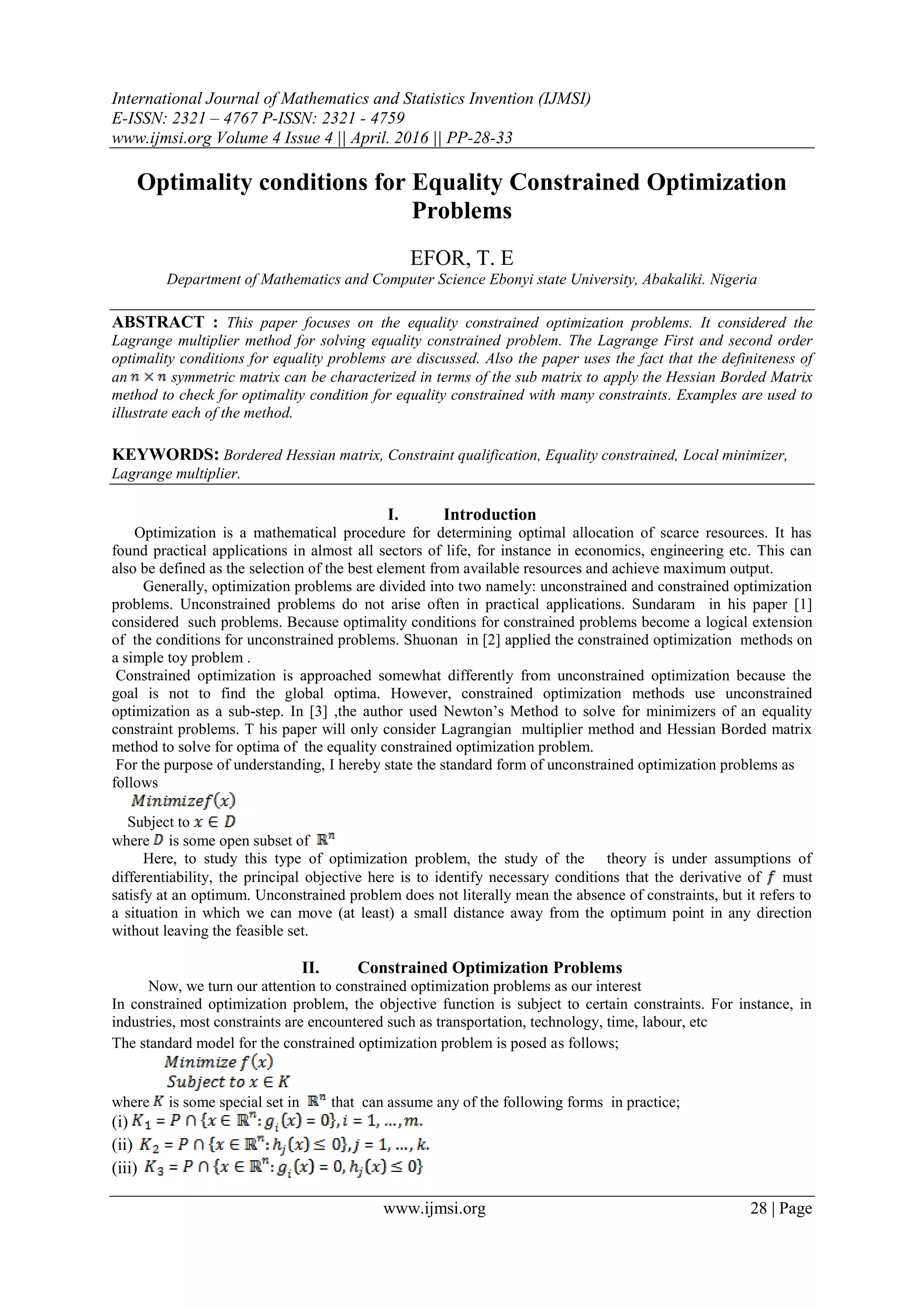 Optimality Conditions For Equality Constrained Optimization Problems Pdf