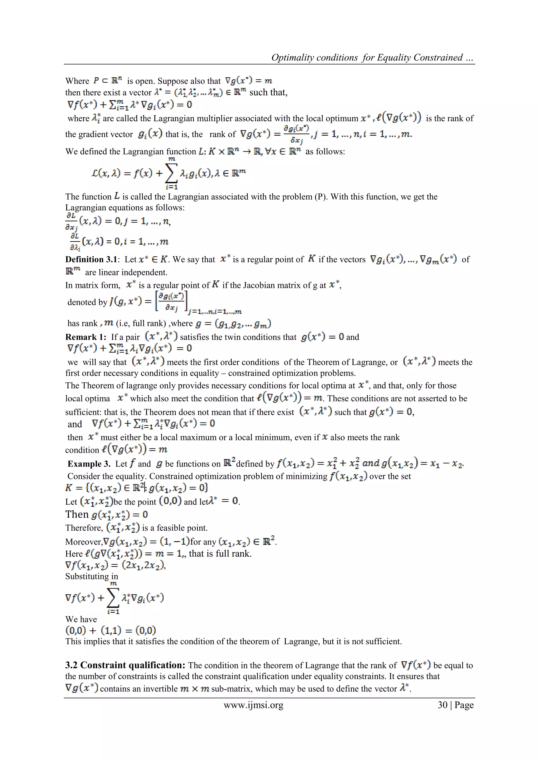 Optimality conditions for Equality Constrained Optimization Problems | PDF