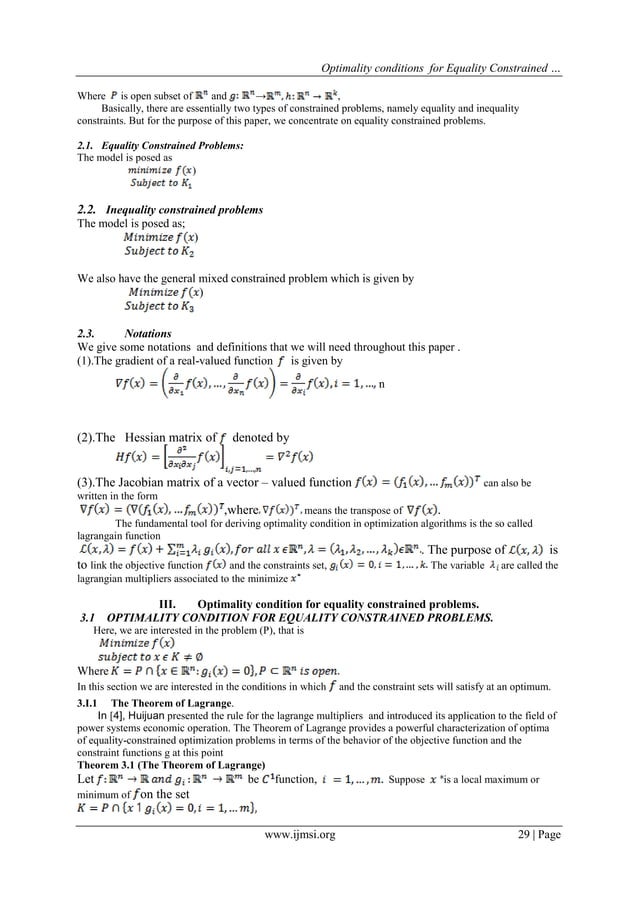 Optimality conditions for Equality Constrained Optimization Problems | PDF