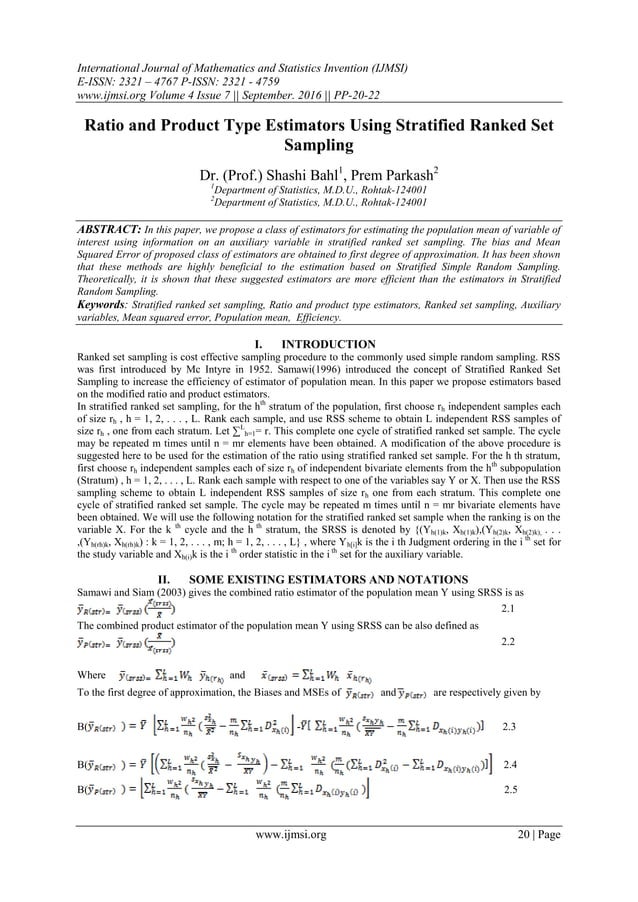 Ratio and Product Type Estimators Using Stratified Ranked Set Sampling | PDF