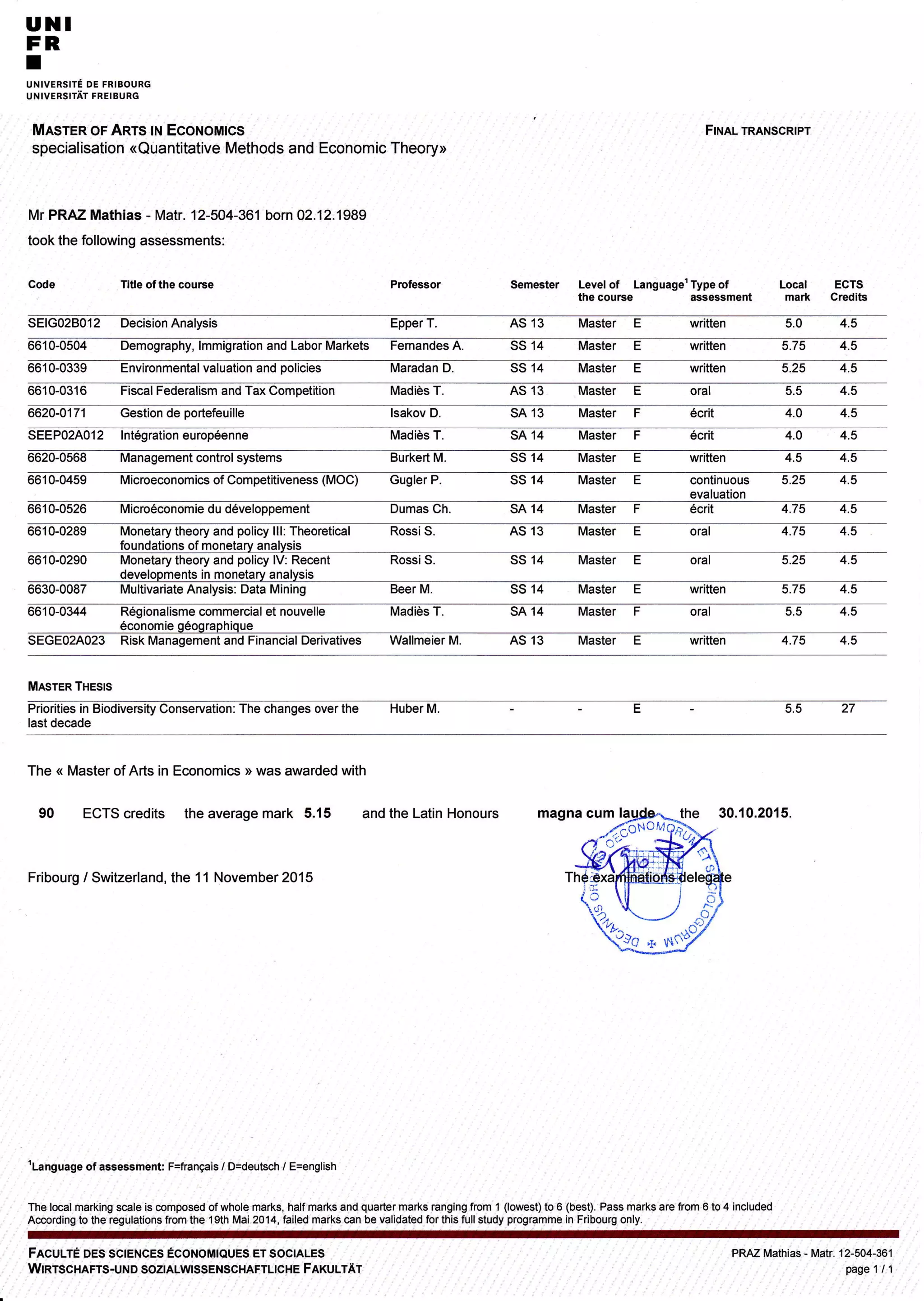 Praz, Mathias Master's Final Transcript | PDF