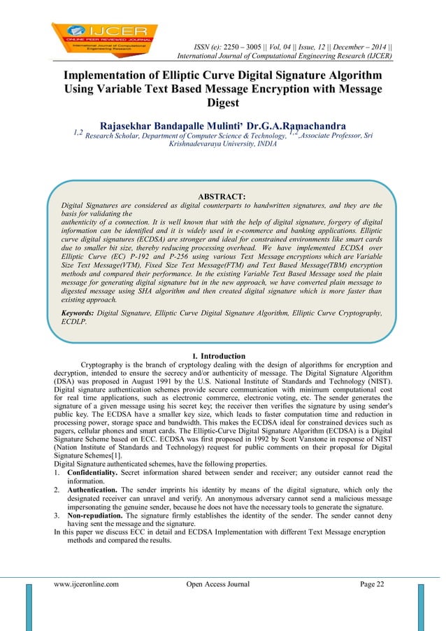 Implementation of Elliptic Curve Digital Signature Algorithm Using ...