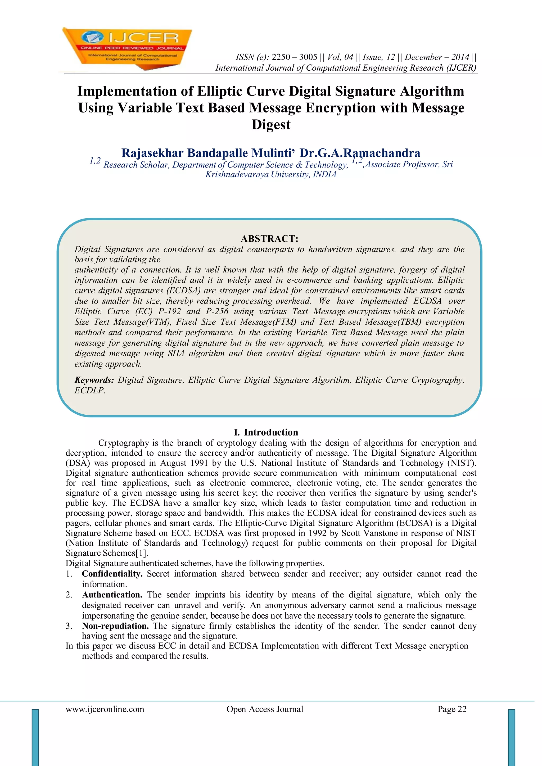 Implementation of Elliptic Curve Digital Signature Algorithm Using Variable Text Based Message ...
