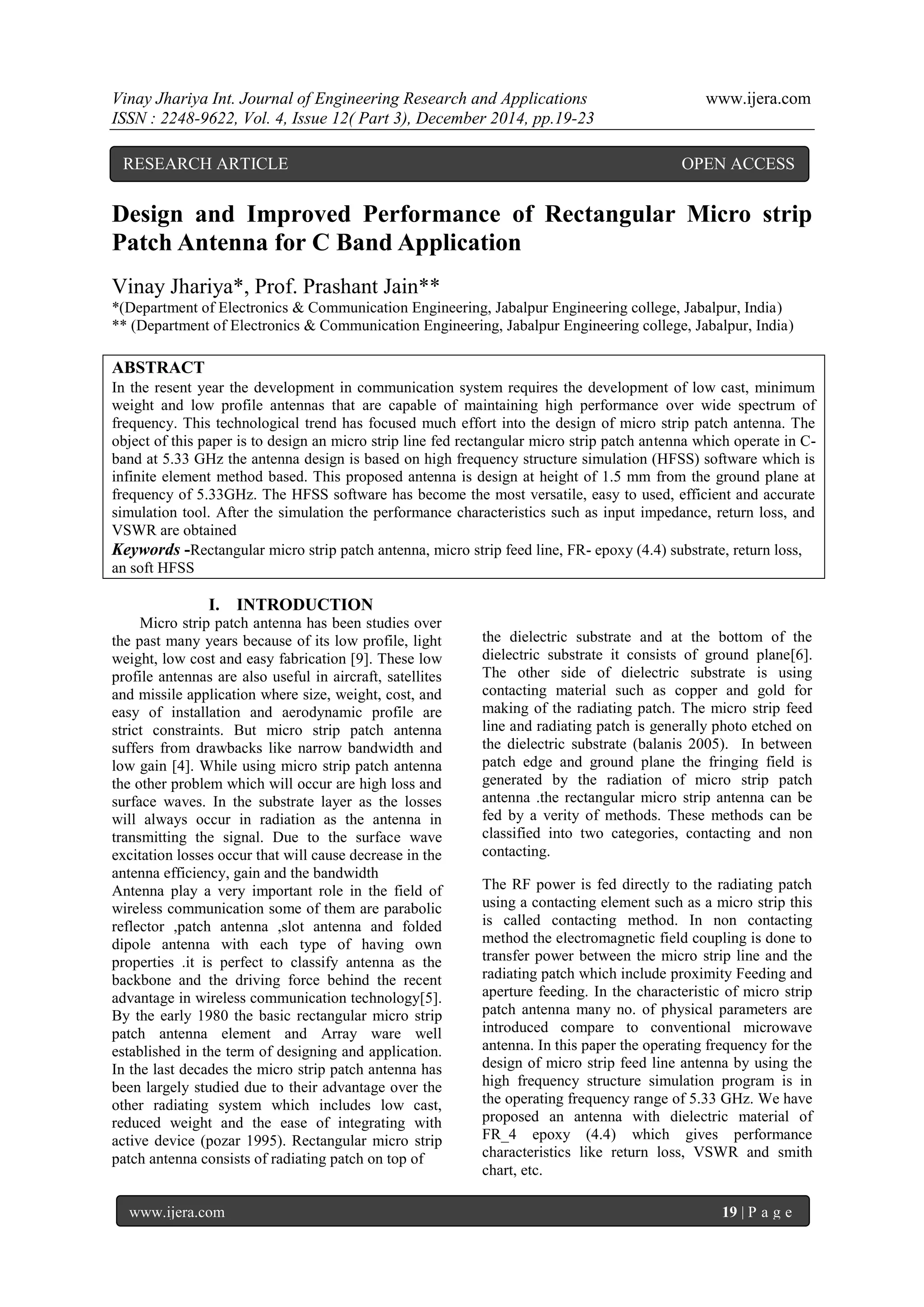 Design and Improved Performance of Rectangular Micro strip Patch Antenna for C Band Application ...