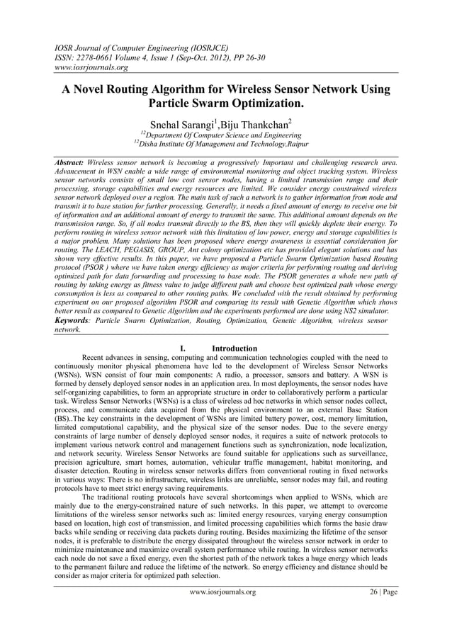 A Novel Routing Algorithm for Wireless Sensor Network Using Particle Swarm Optimization. | PDF