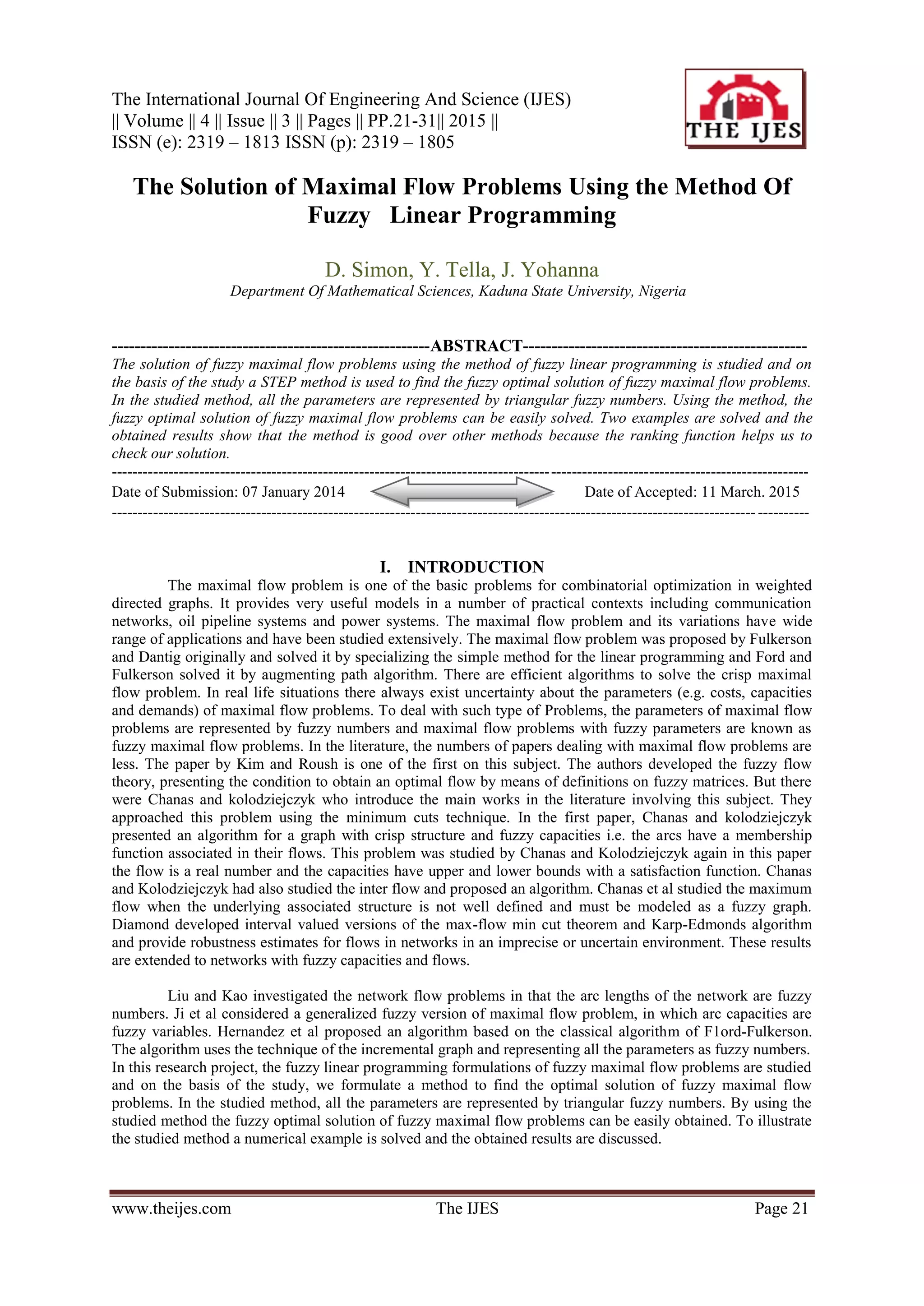 The Solution of Maximal Flow Problems Using the Method Of Fuzzy Linear Programming | PDF