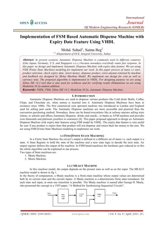Implementation of FSM Based Automatic Dispense Machine with Expiry Date Feature Using VHDL | PDF