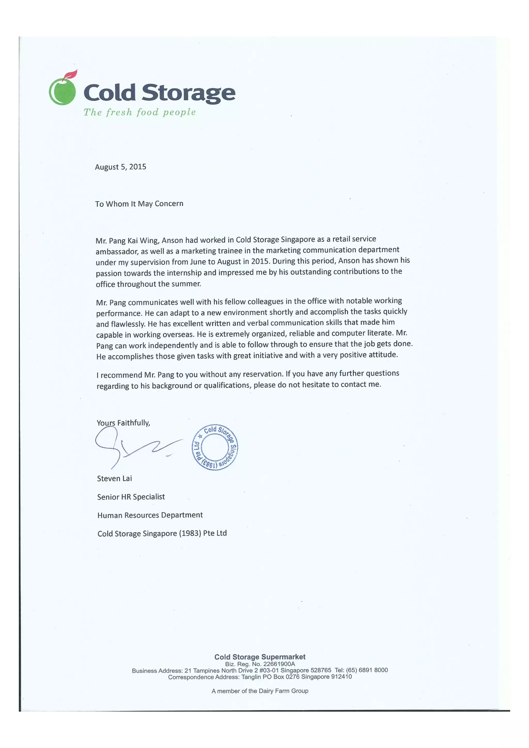 Reference letter_ Cold Storage | PDF