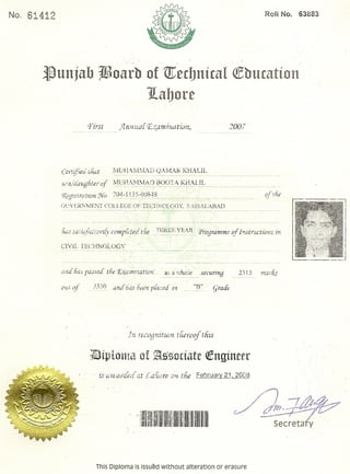 DAE Degree front side( qamar khalil) | PDF