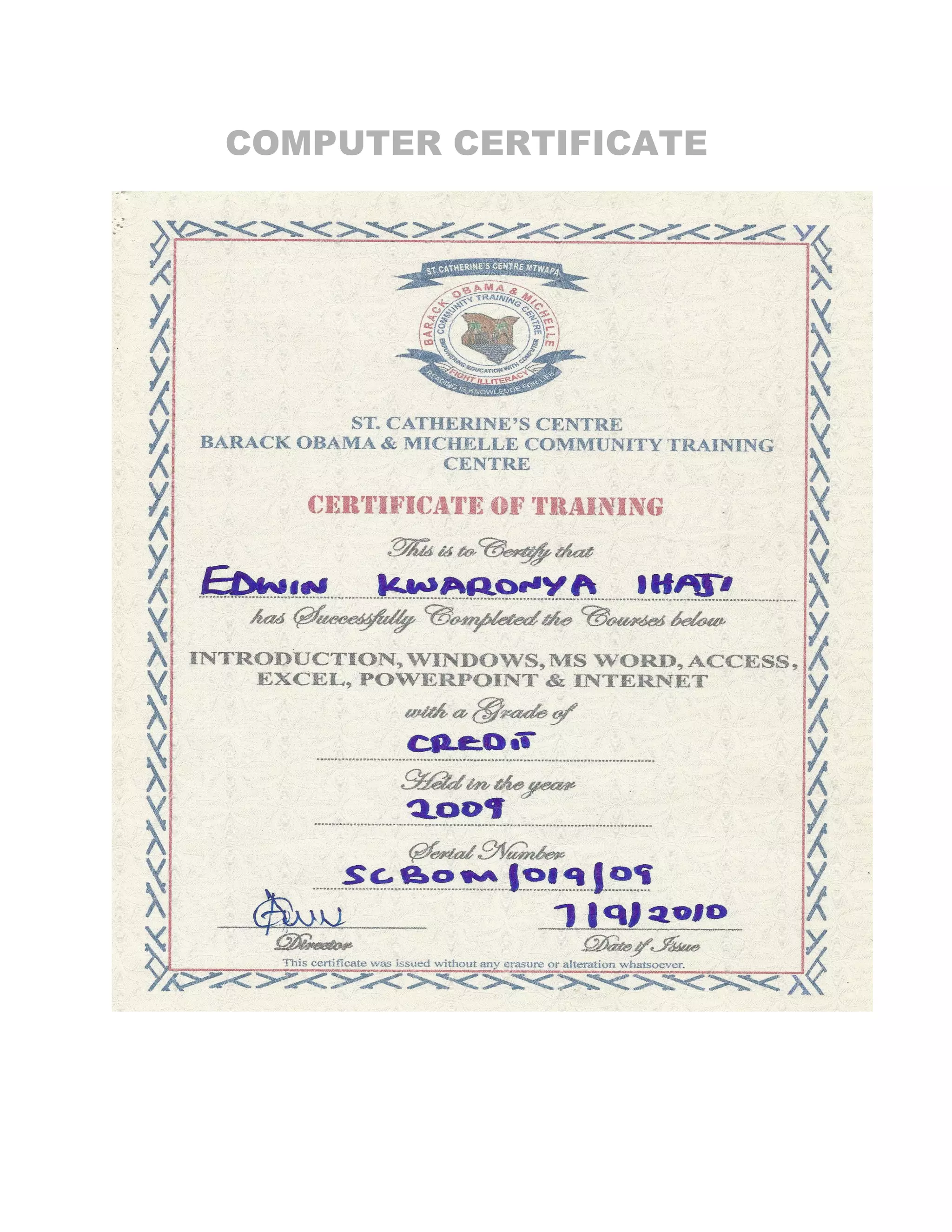 Edwin Ihaji Defesive , First Aid, Fire Warden & computer Cert | PDF