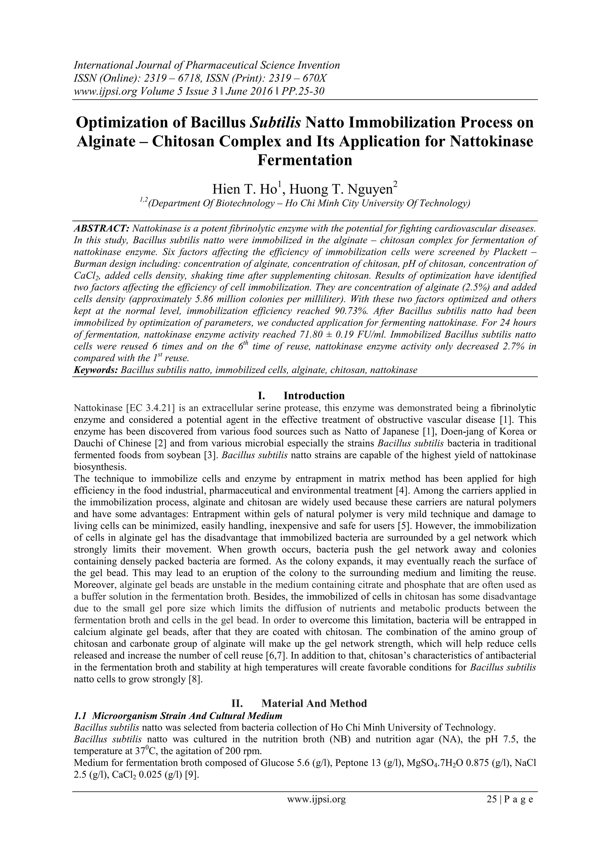 Optimization of Bacillus Subtilis Natto Immobilization Process on ...