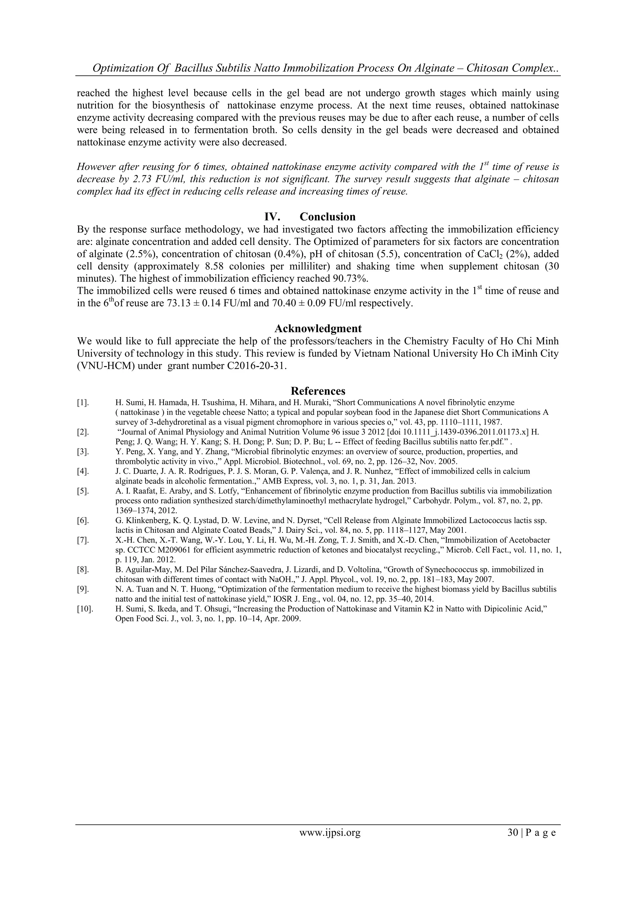 Optimization Of Bacillus Subtilis Natto Immobilization Process On Alginate Chitosan Complex