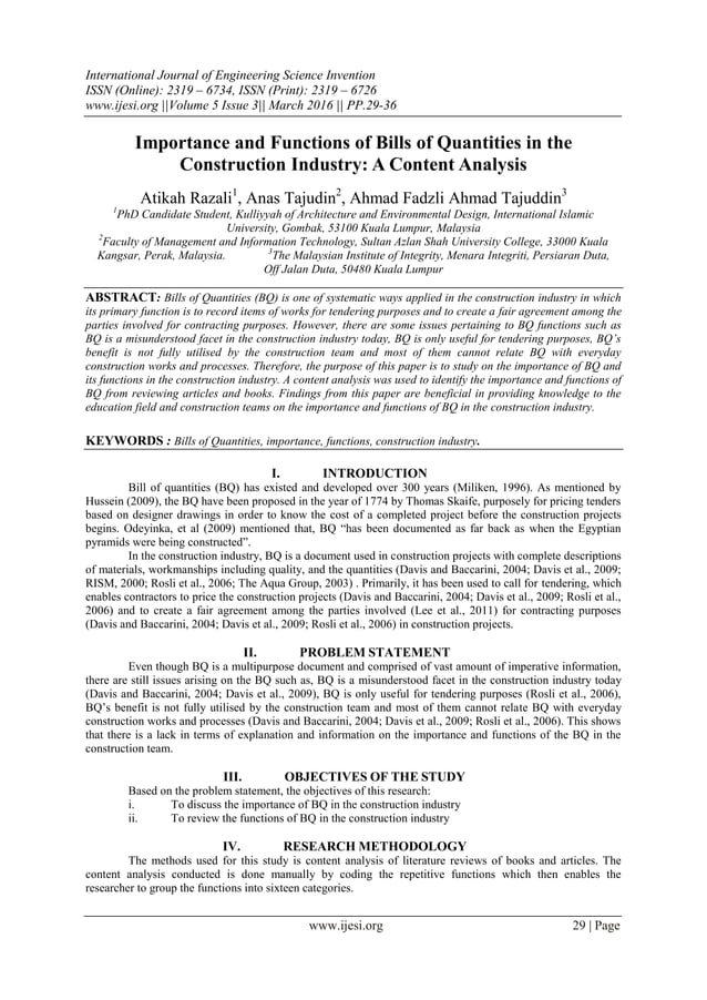 Importance and Functions of Bills of Quantities in the Construction Industry: A Content Analysis ...