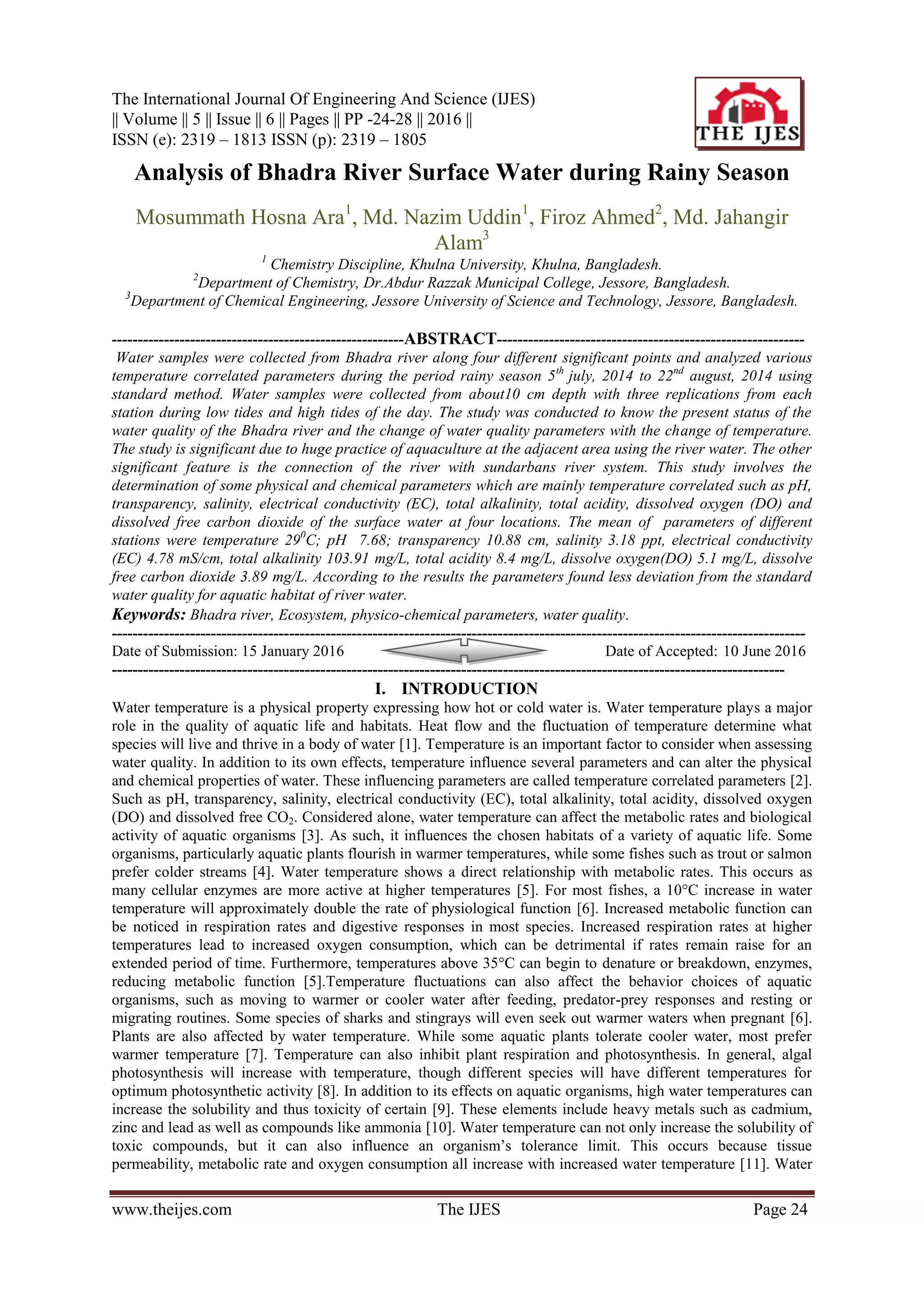 Analysis of Bhadra River Surface Water during Rainy Season | PDF