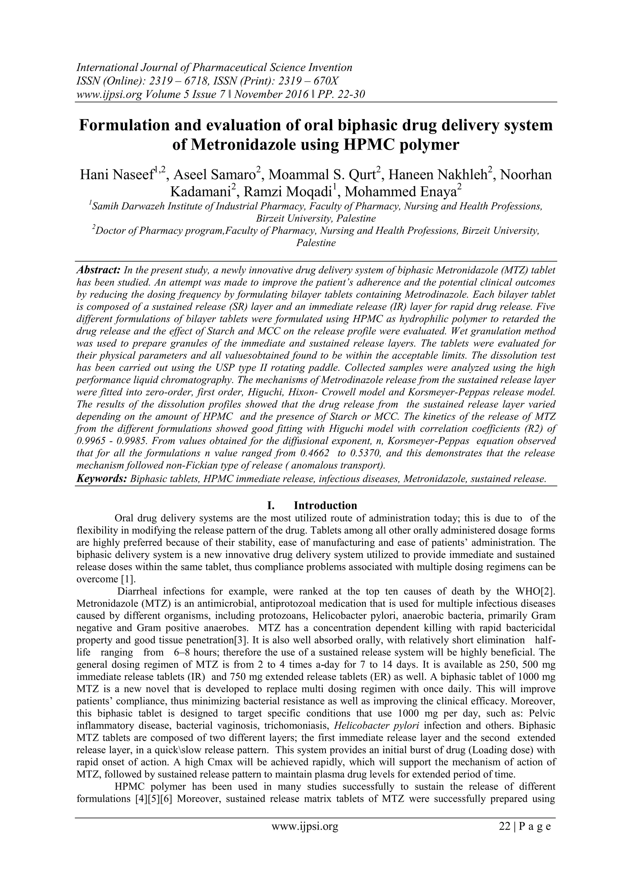 Formulation And Evaluation Of Oral Biphasic Drug Delivery System Of Metronidazole Using Hpmc