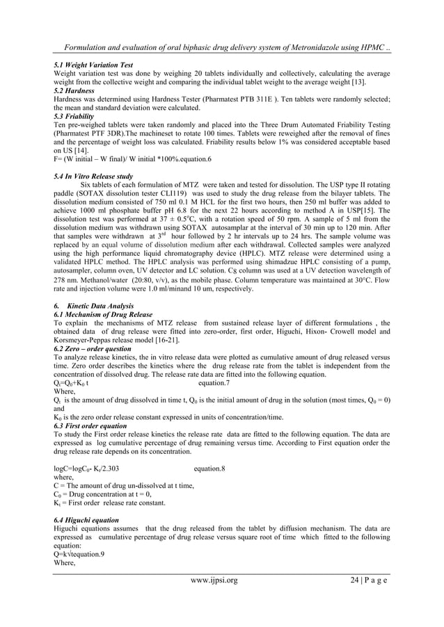 Formulation And Evaluation Of Oral Biphasic Drug Delivery System Of Metronidazole Using Hpmc