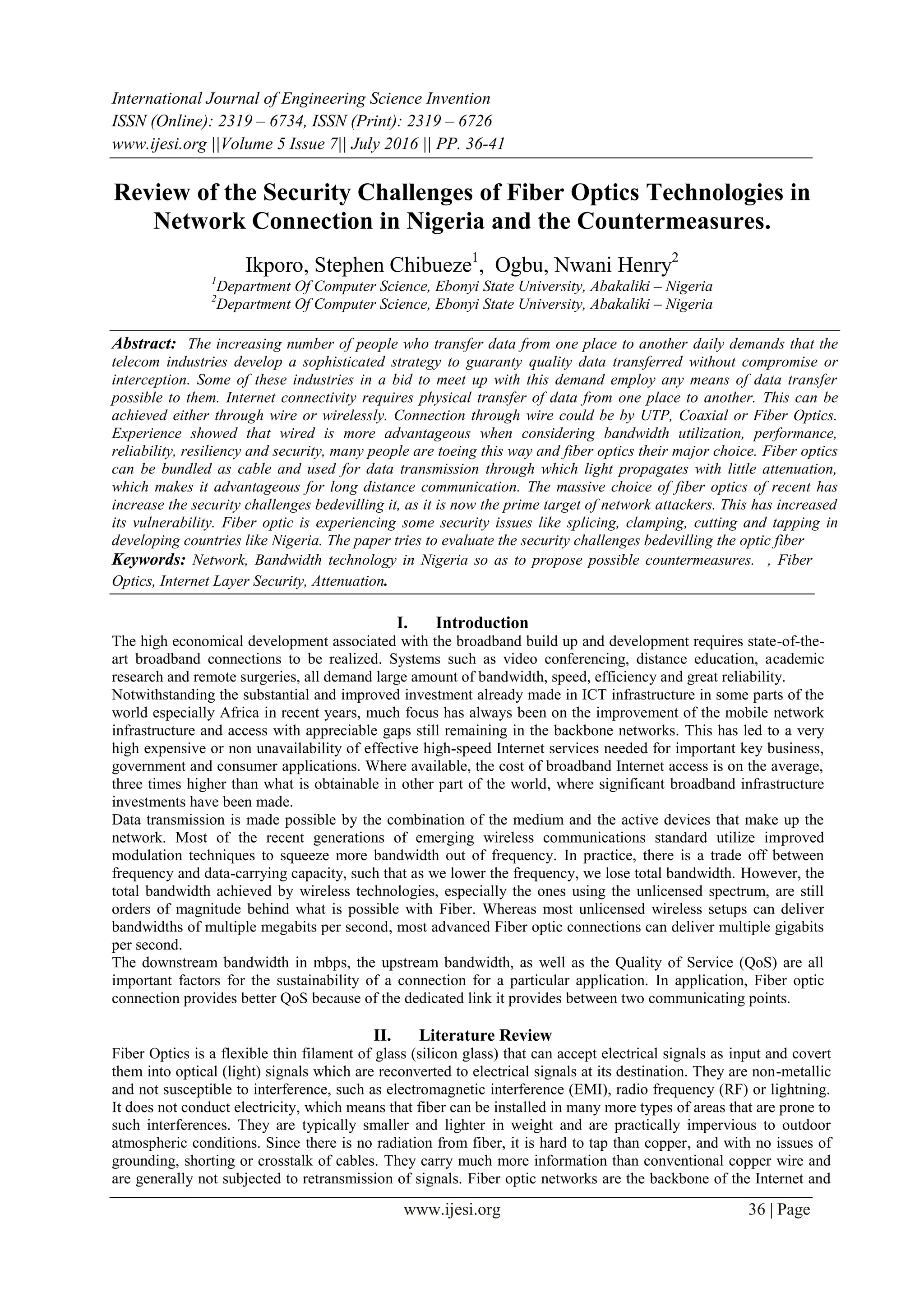 Review of the Security Challenges of Fiber Optics Technologies in ...