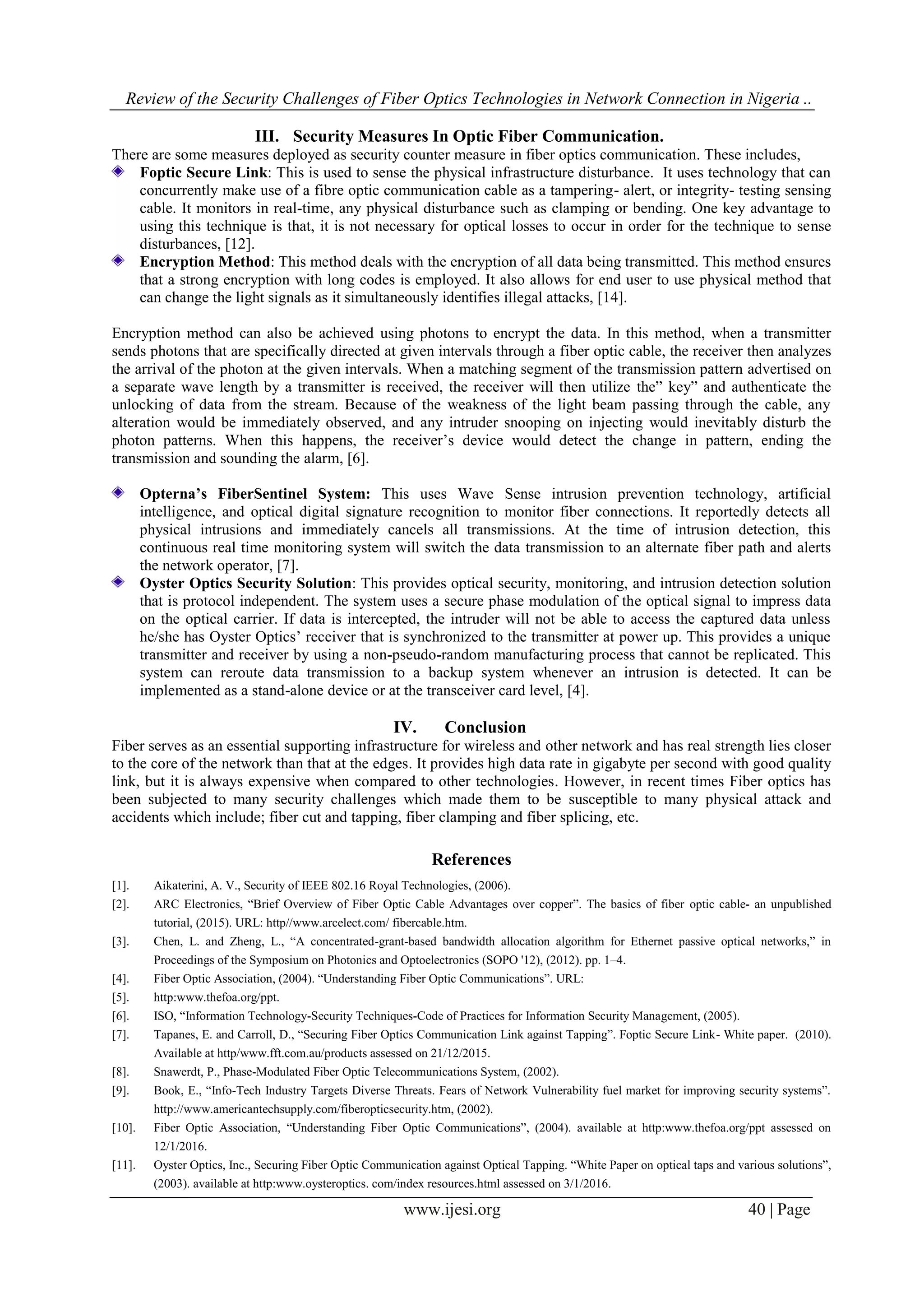 Review of the Security Challenges of Fiber Optics Technologies in ...