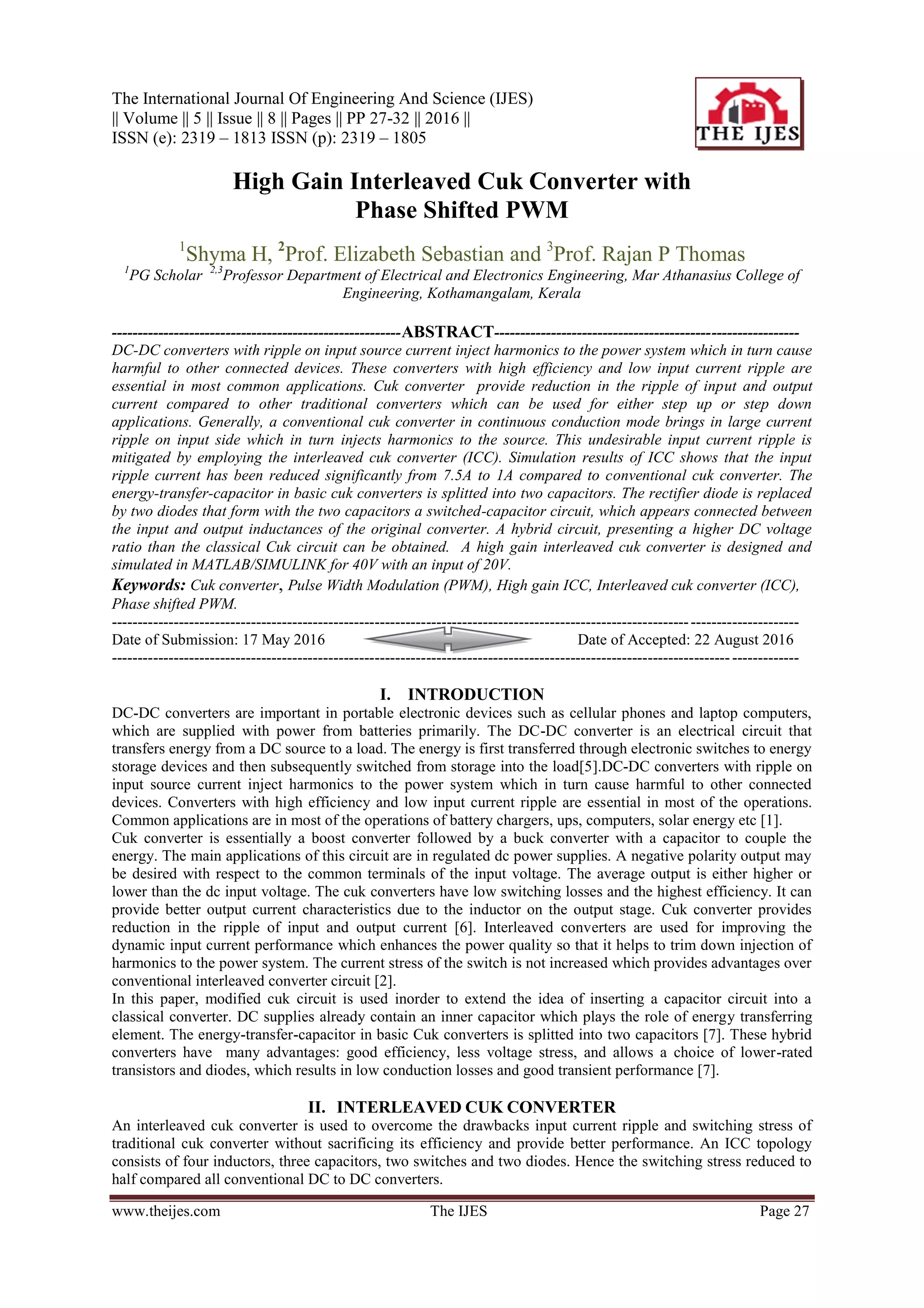 High Gain Interleaved Cuk Converter with Phase Shifted PWM | PDF