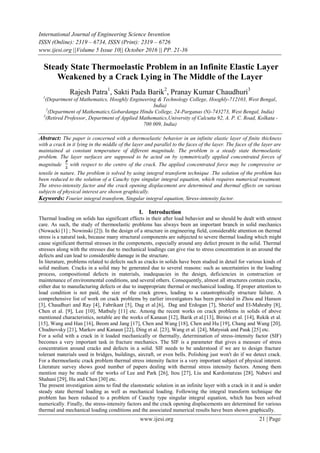 Steady State Thermoelastic Problem in an Infinite Elastic Layer Weakened by a Crack Lying in The ...