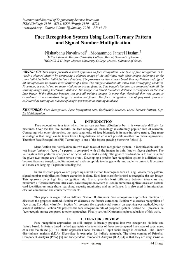 Face Recognition System Using Local Ternary Pattern And Signed Number Multiplication Pdf