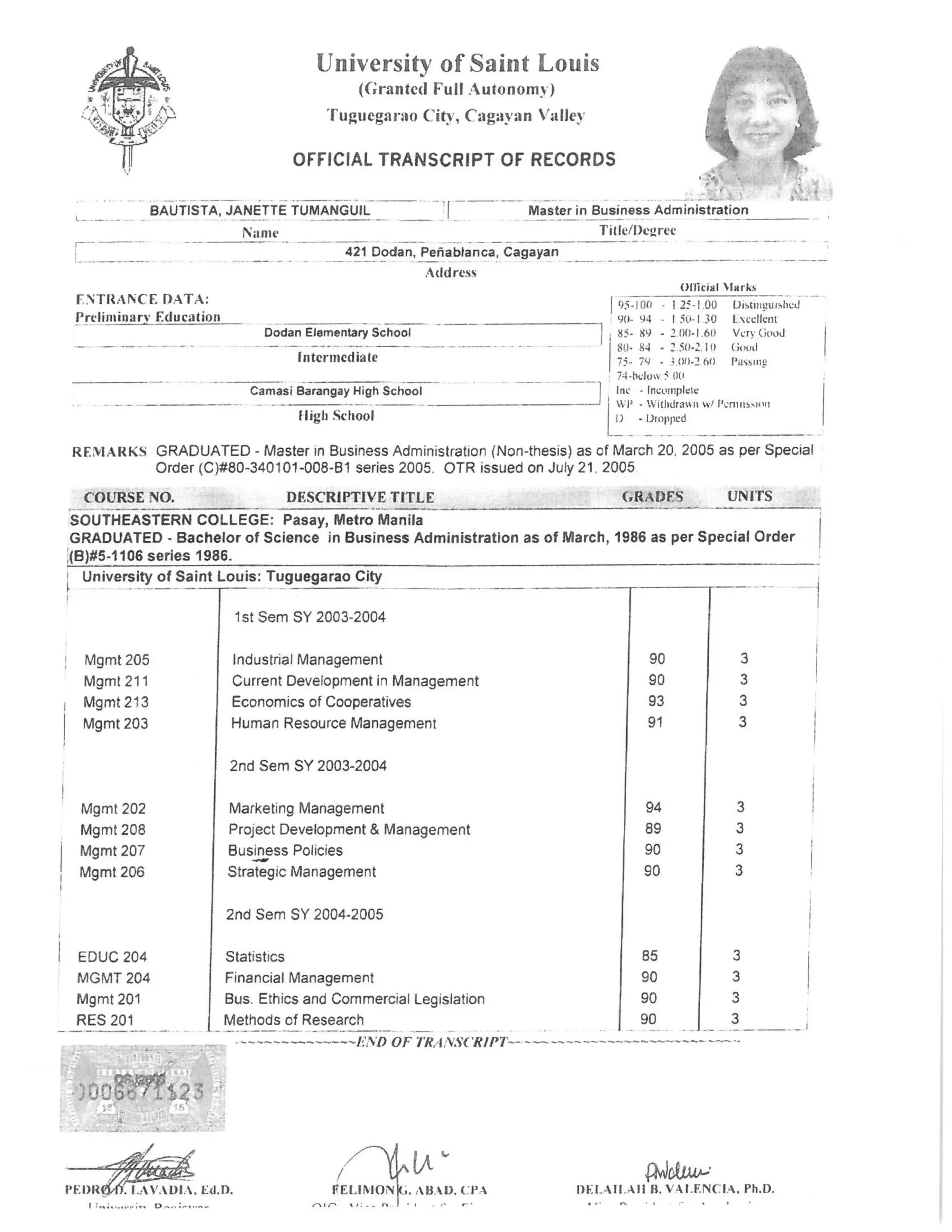 JANETTE's TOR & DIPLOMA | PDF