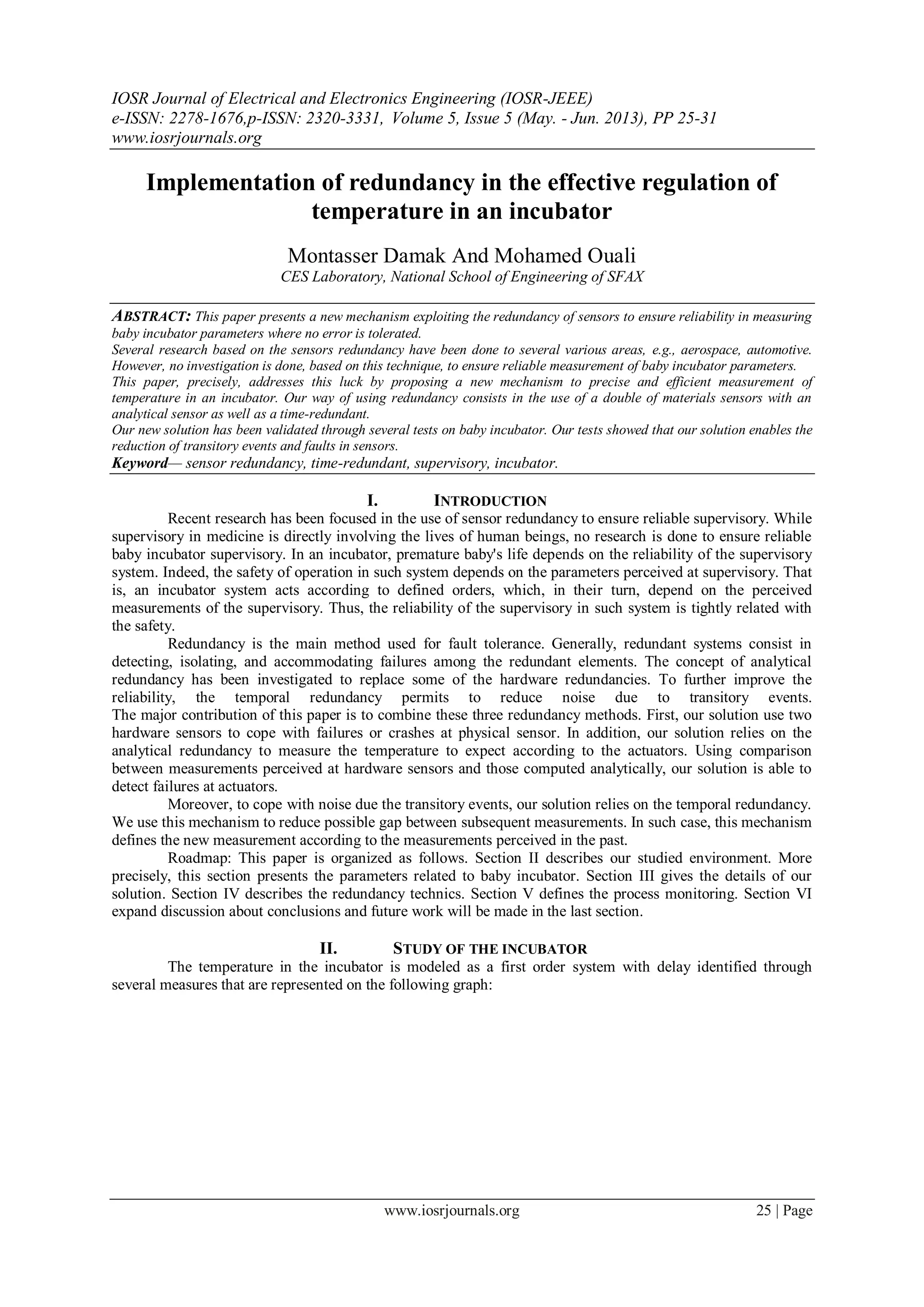 Implementation of redundancy in the effective regulation of temperature in an incubator | PDF