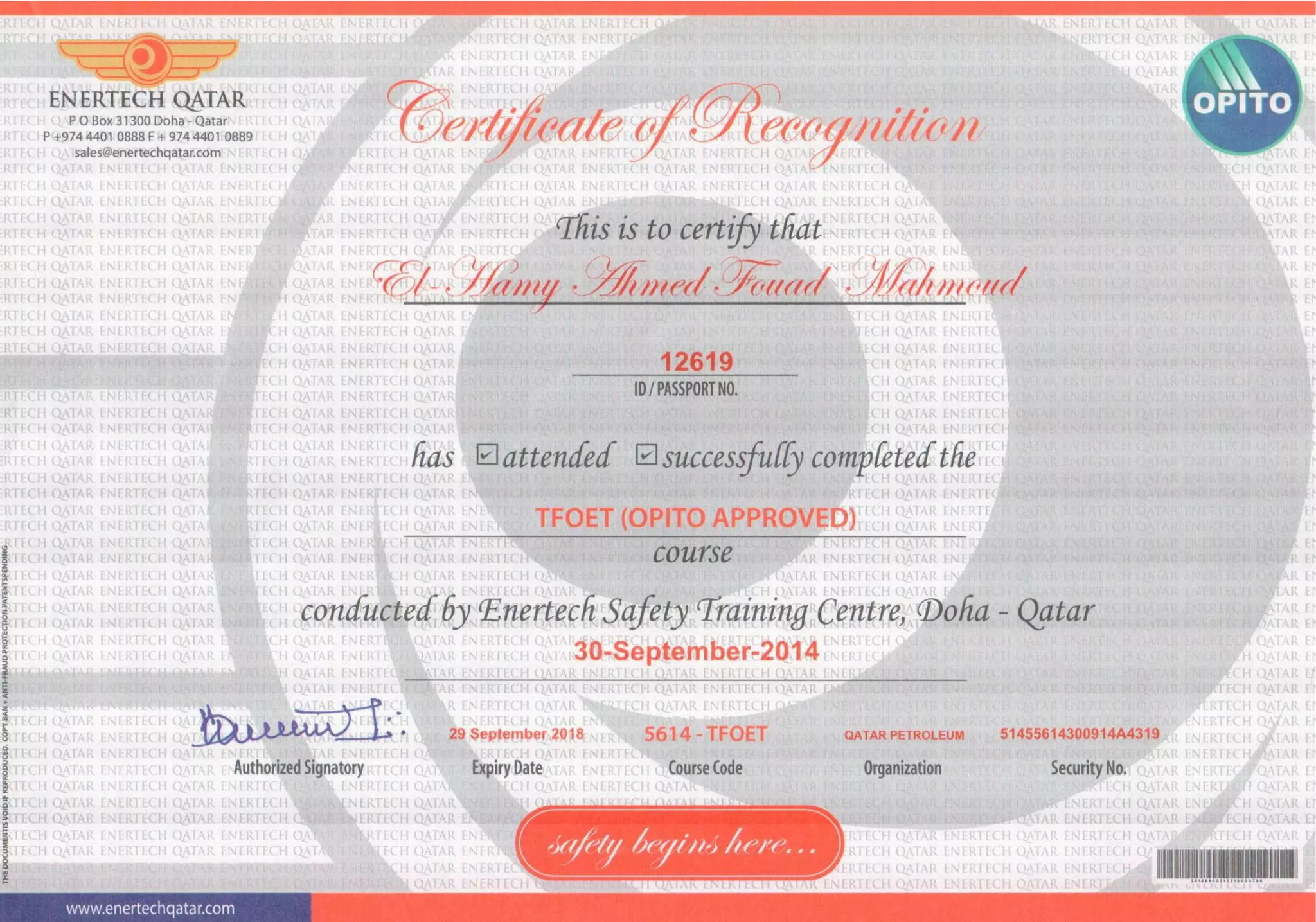 Certificate of Recognition – TFOET (OPITO APPROVED) – ENERTECH SAFETY TRAINING CENTRE QATAR ...