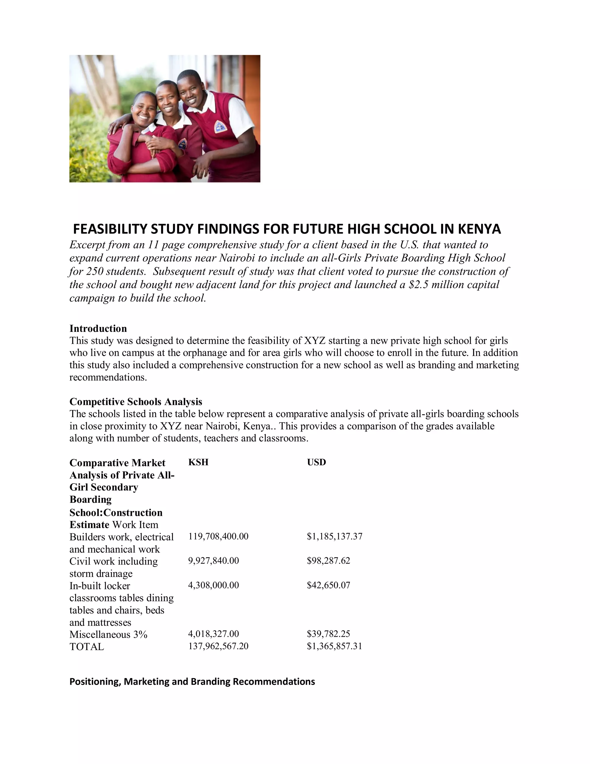 Sample school feasibility Study for U.S. based nonprofit with operations in Kenya | PDF