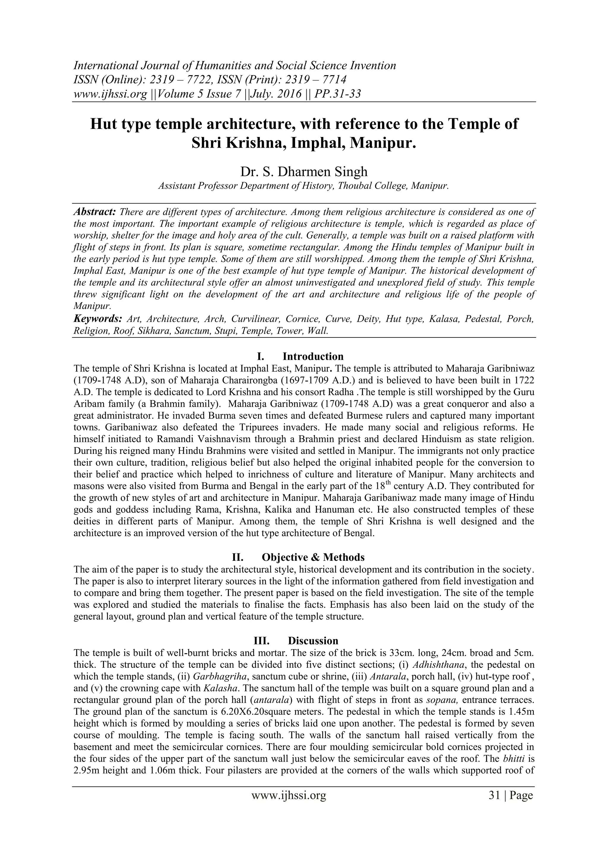 Hut type temple architecture, with reference to the Temple of Shri ...