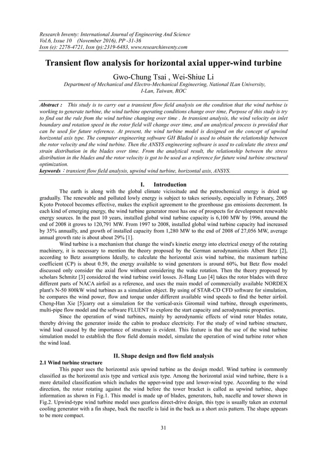 Transient flow analysis for horizontal axial upper-wind turbine | PDF