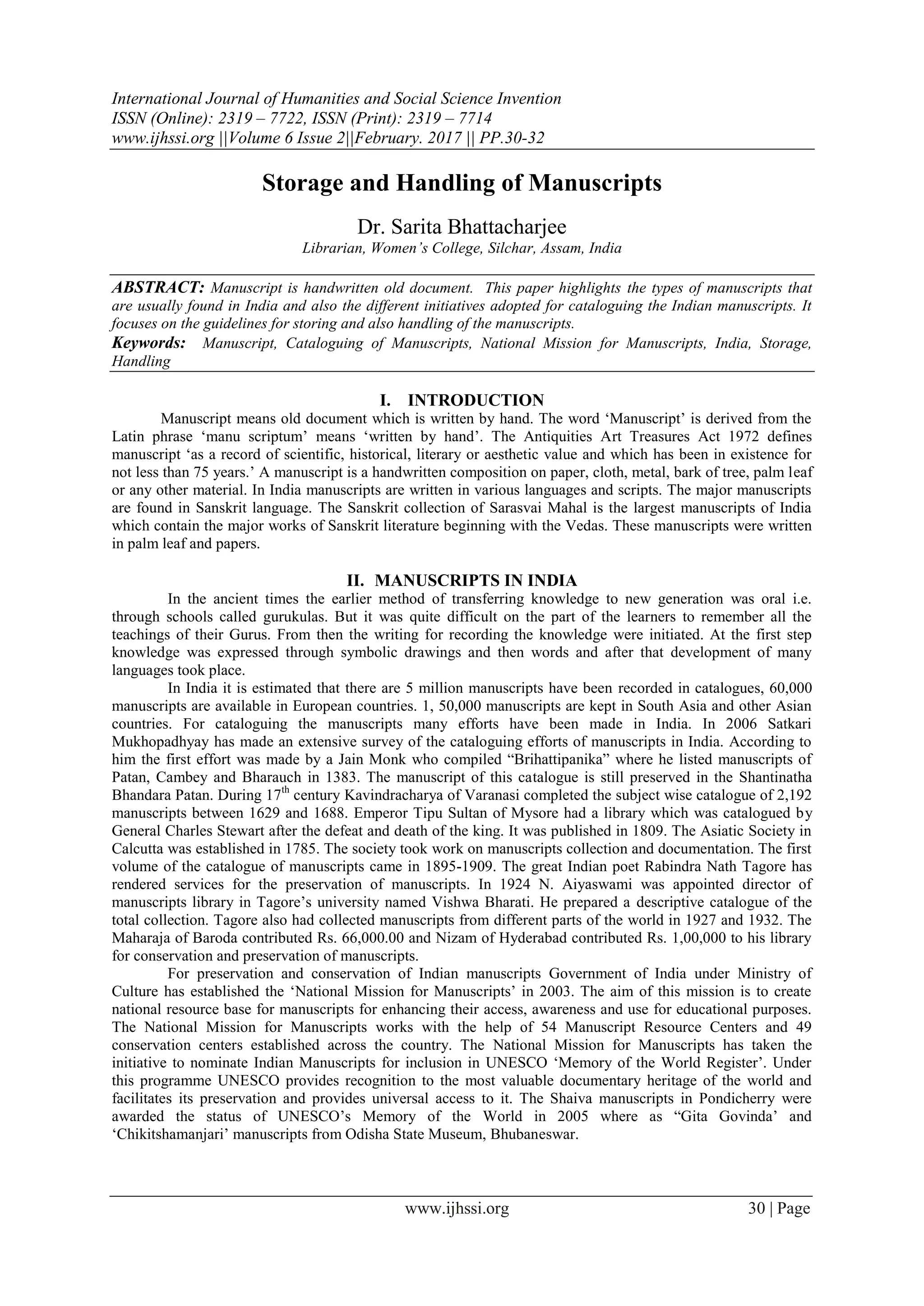 Storage and Handling of Manuscripts | PDF