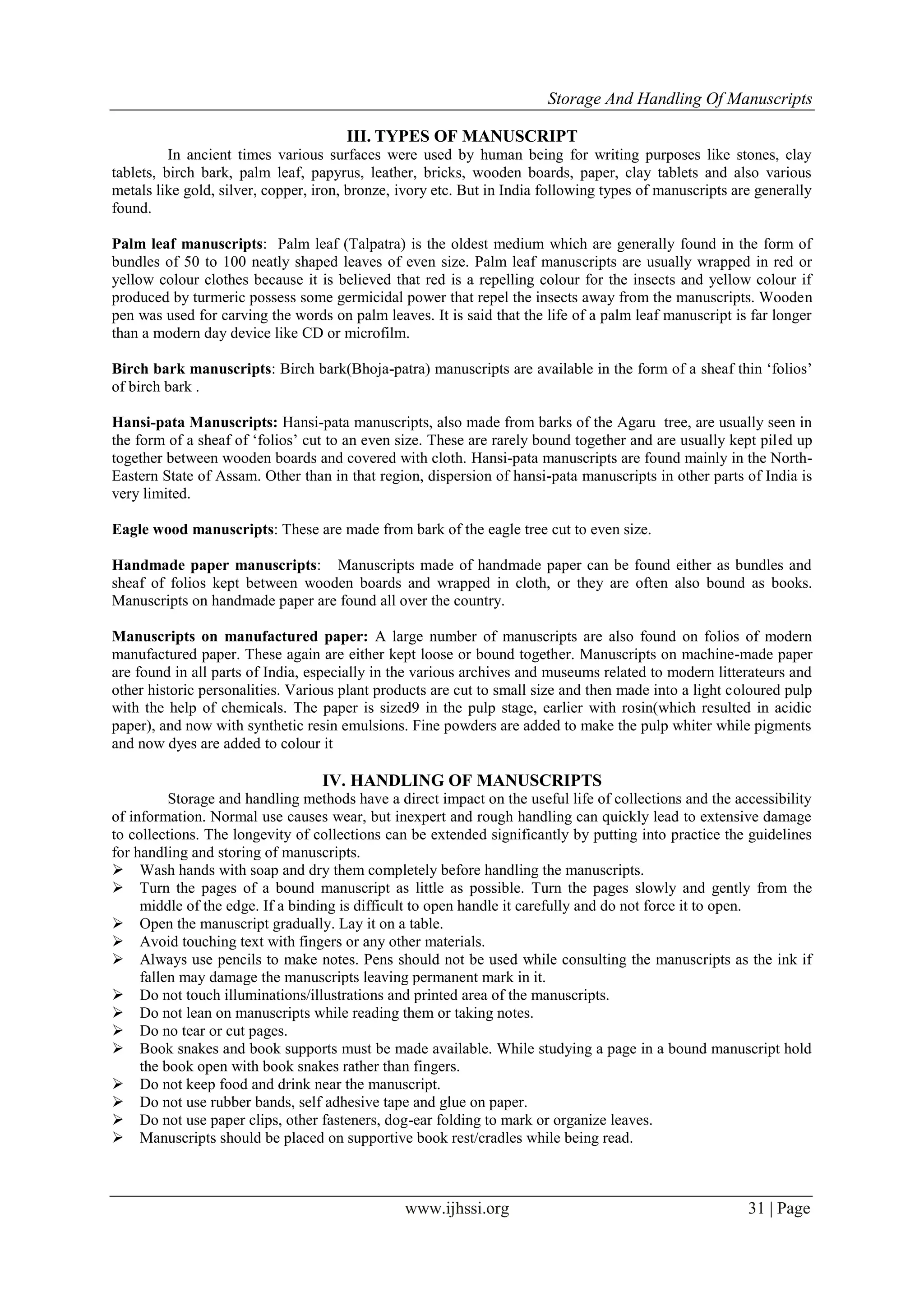 Storage and Handling of Manuscripts | PDF