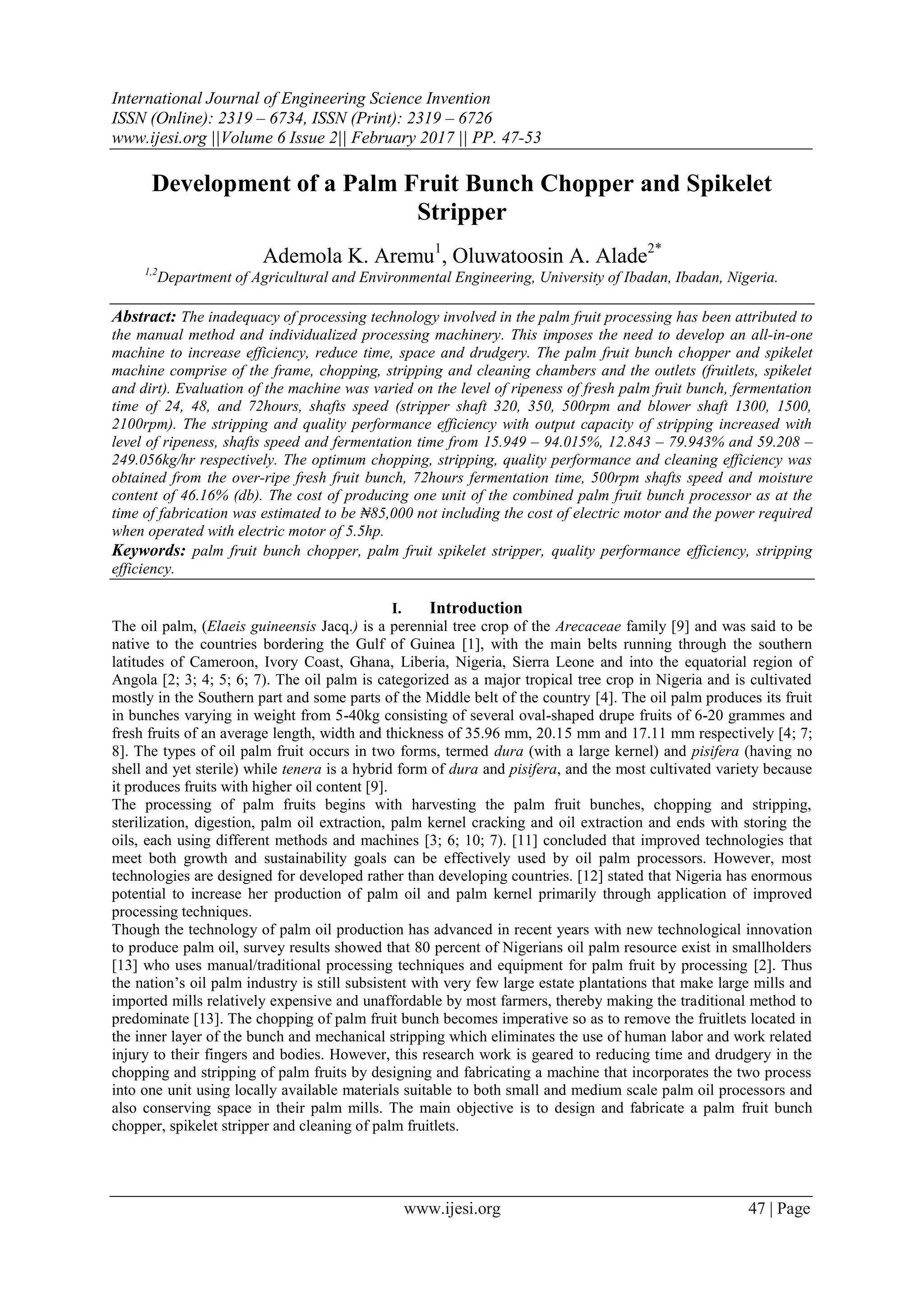 Development of a Palm Fruit Bunch Chopper and Spikelet Stripper | PDF