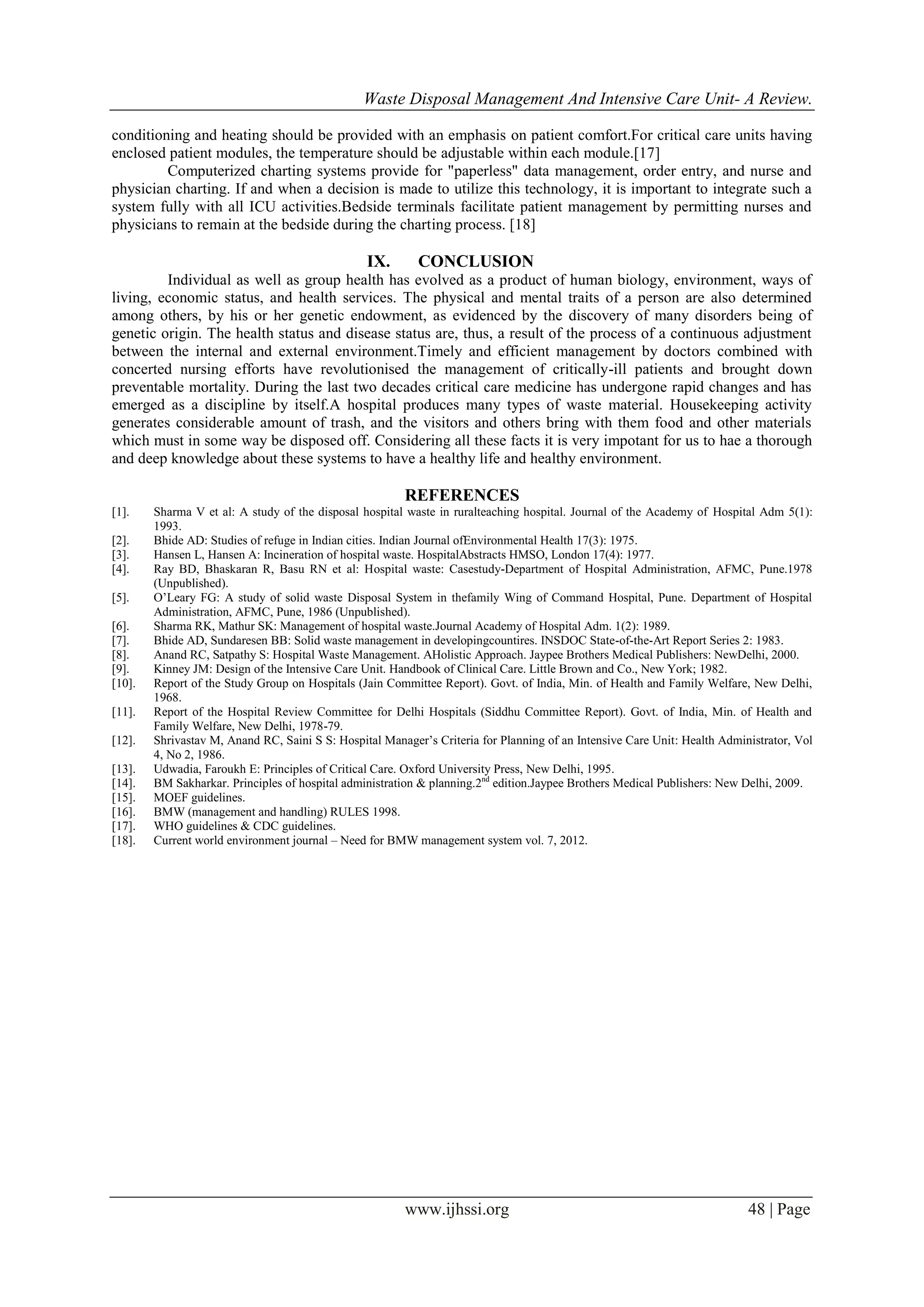Waste Disposal Management and Intensive Care Unit- A Review. | PDF