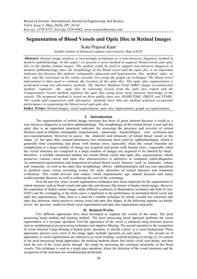 Segmentation of Blood Vessels and Optic Disc in Retinal Images | PDF