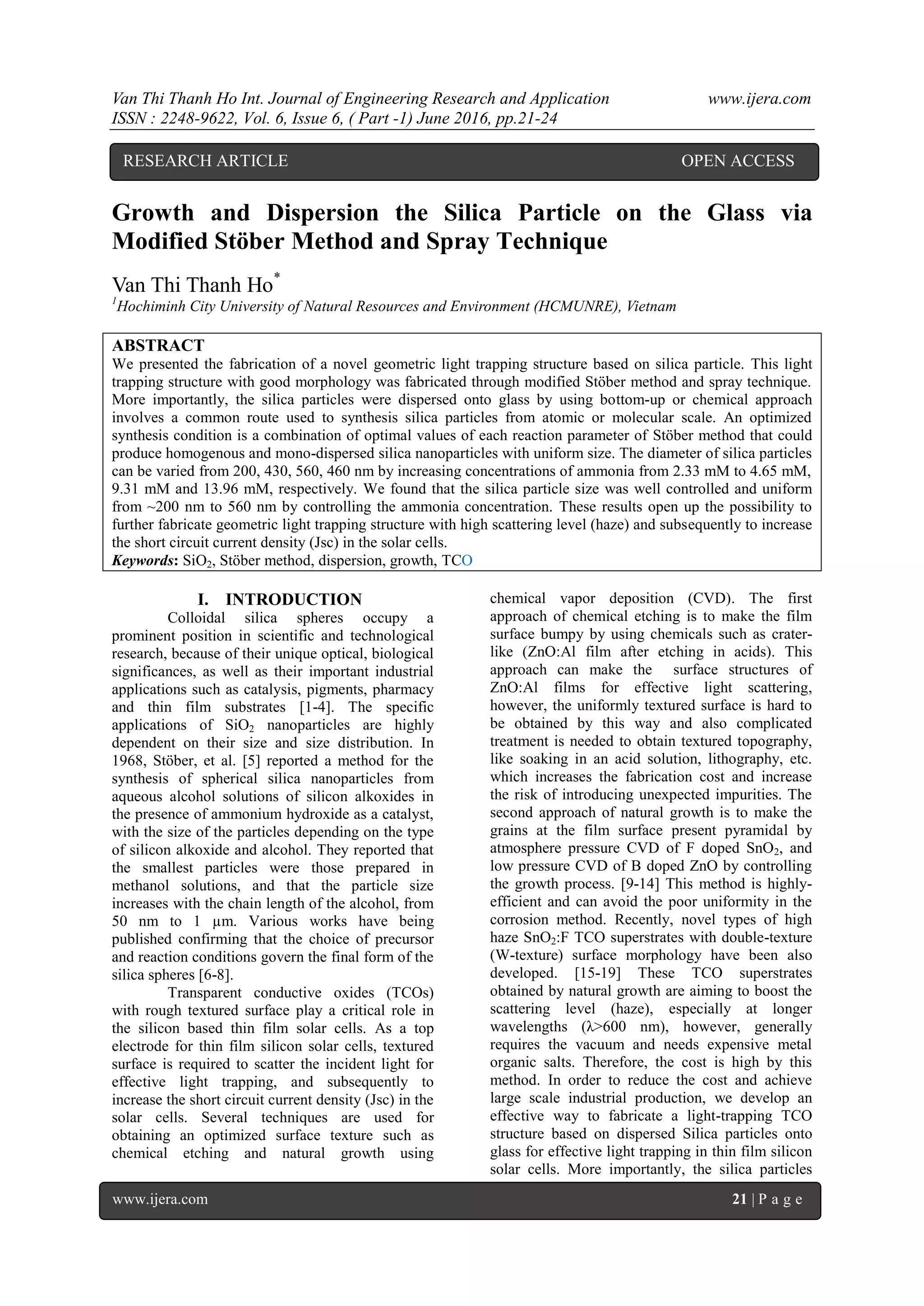 Growth and Dispersion the Silica Particle on the Glass via Modified ...