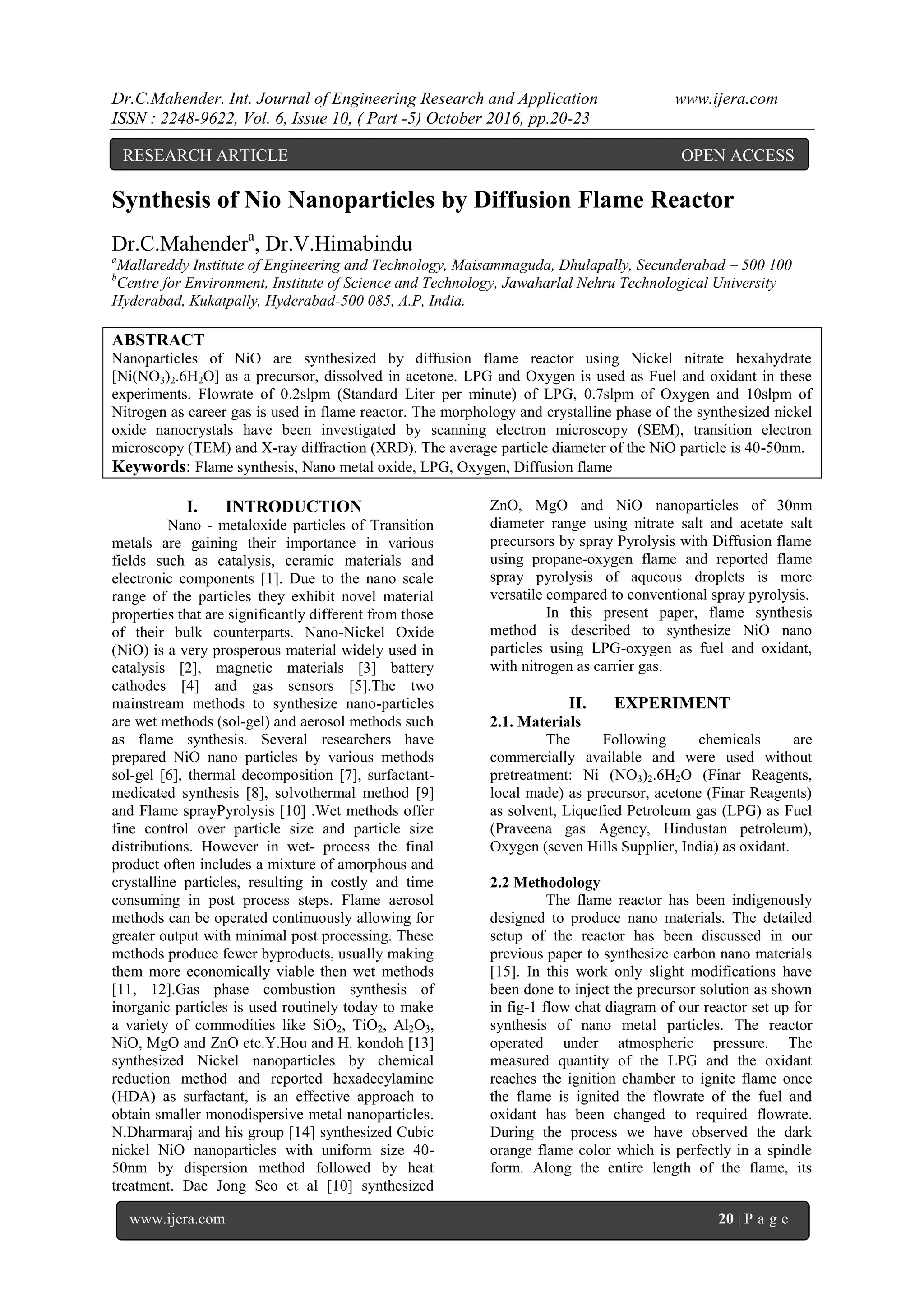 Synthesis of Nio Nanoparticles by Diffusion Flame Reactor | PDF