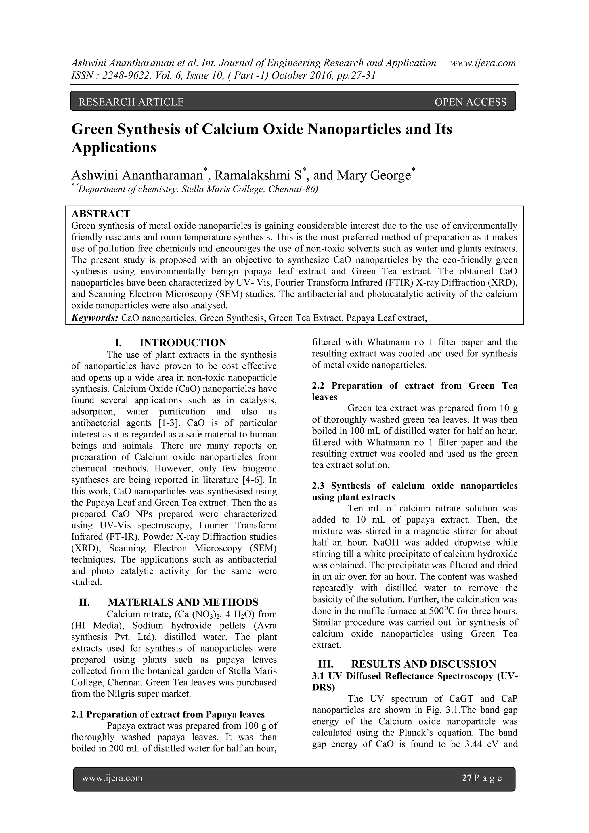 Green Synthesis of Calcium Oxide Nanoparticles and Its Applications | PDF