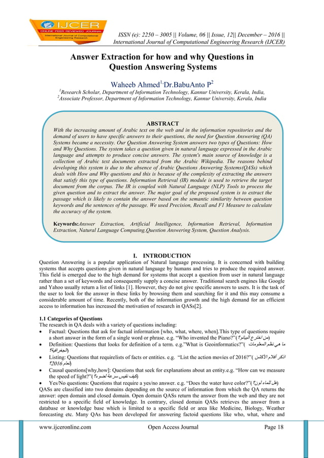 Answer Extraction for how and why Questions in Question Answering Systems | PDF