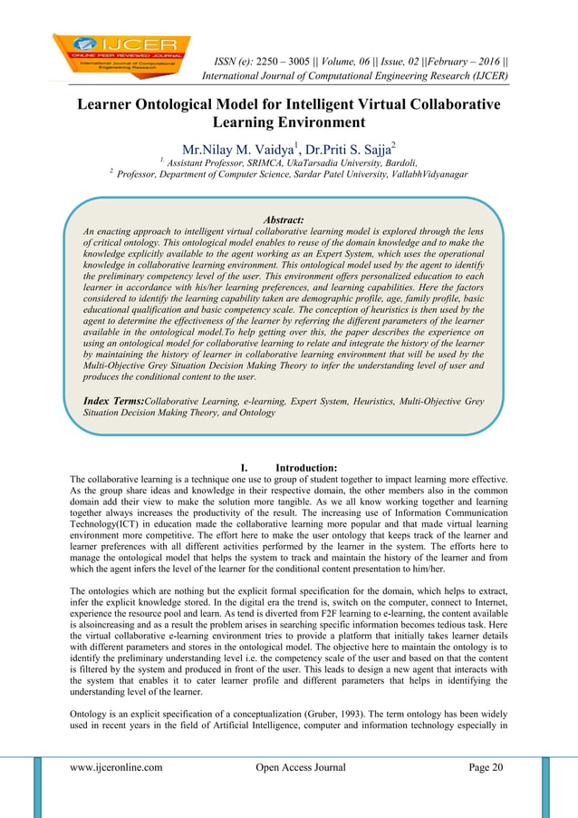 Learner Ontological Model for Intelligent Virtual Collaborative Learning Environment | PDF