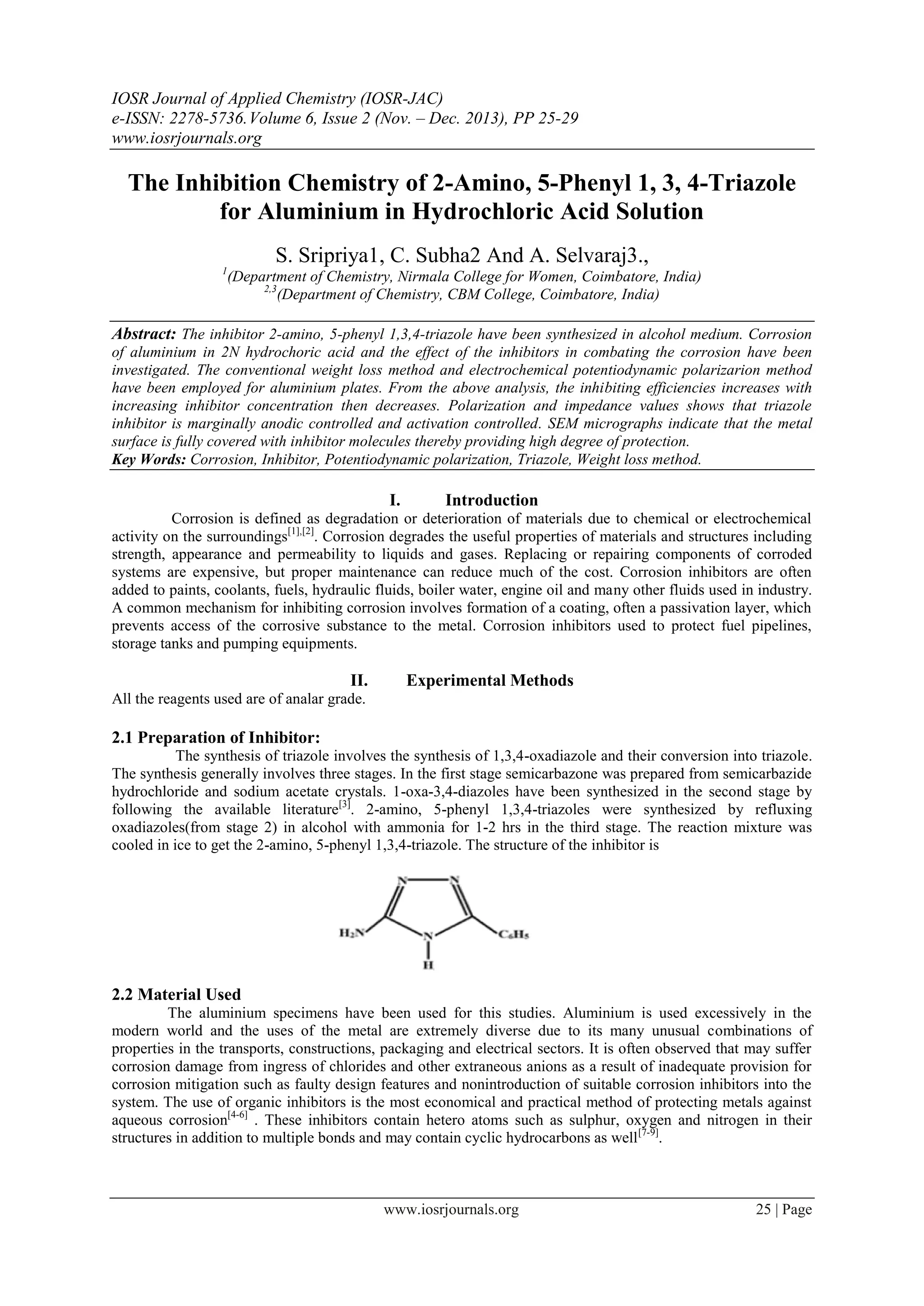 The Inhibition Chemistry of 2-Amino, 5-Phenyl 1, 3, 4-Triazole for ...