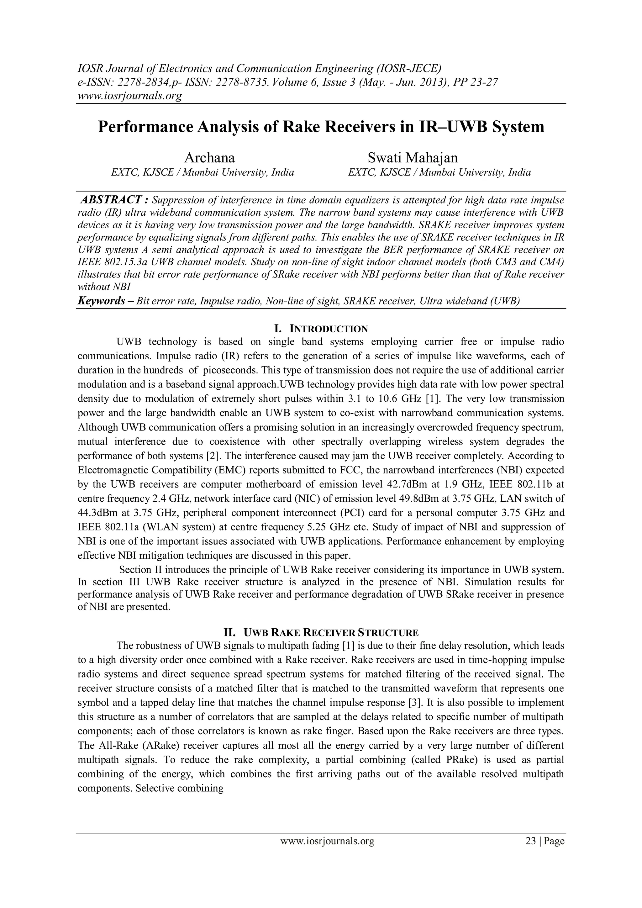 Performance Analysis of Rake Receivers in IR–UWB System | PDF