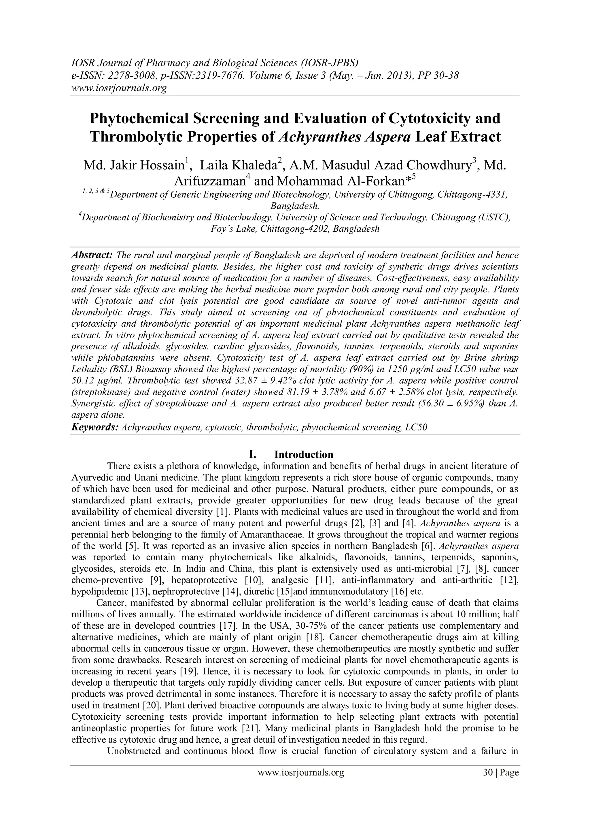Phytochemical Screening and Evaluation of Cytotoxicity and Thrombolytic ...