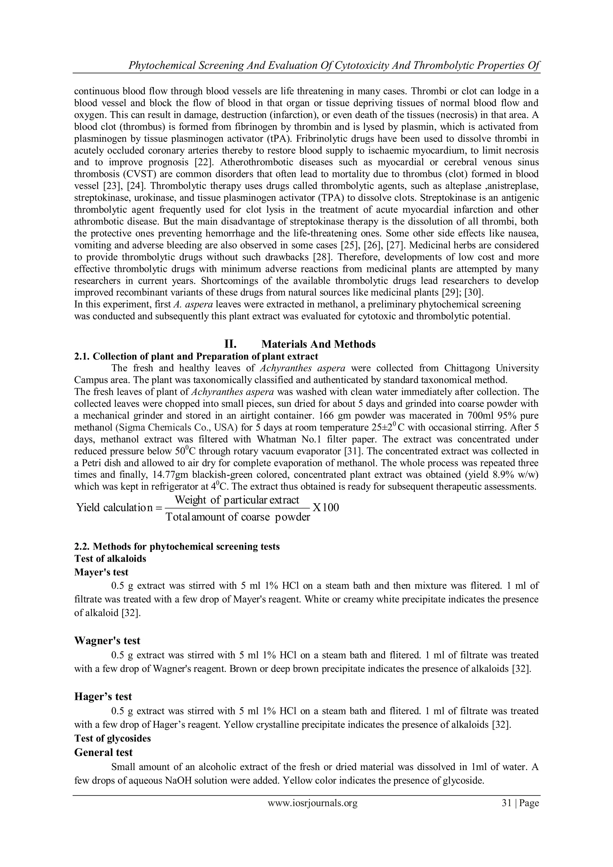 Phytochemical Screening and Evaluation of Cytotoxicity and Thrombolytic ...