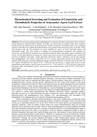 Phytochemical Screening and Evaluation of Cytotoxicity and Thrombolytic Properties of ...
