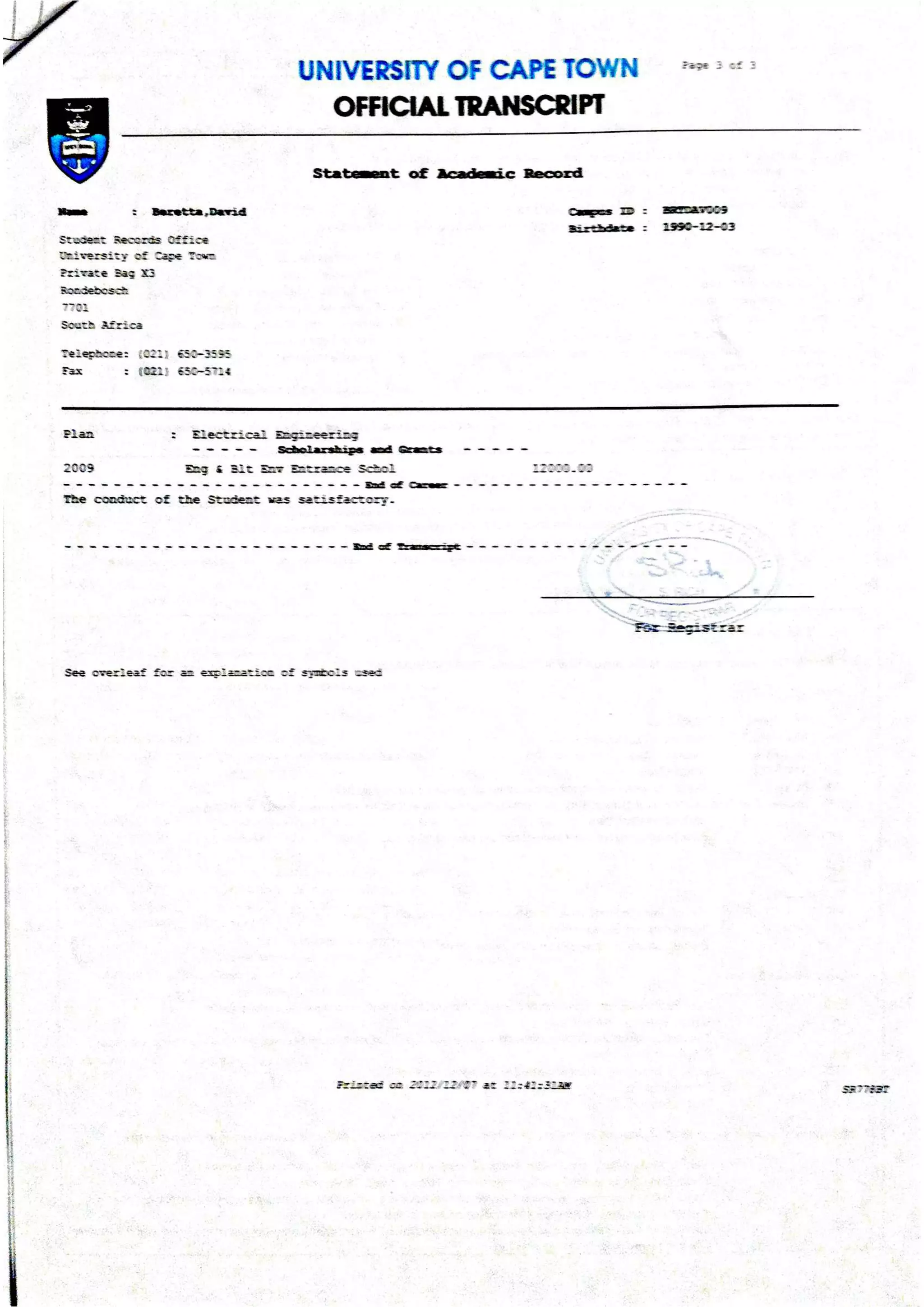 Official Transcript 2012 | PDF