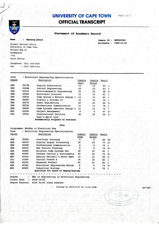 Official Transcript 2012 | PDF